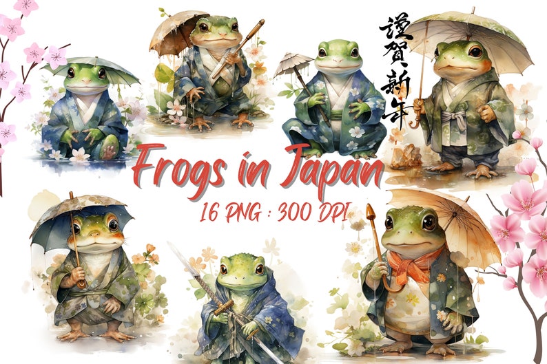 Watercolor Frog in Japan Clipart - Etsy