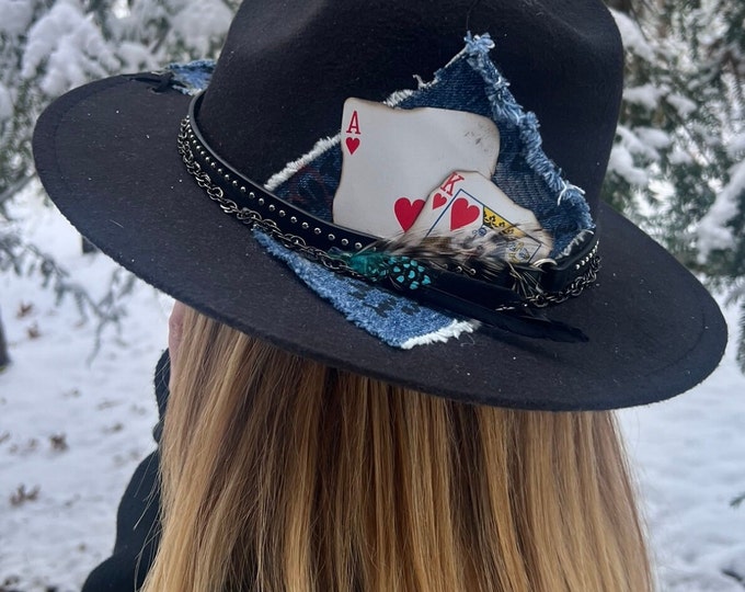 Denim Felt Burned Hat. Card Playing .western Hat - Etsy
