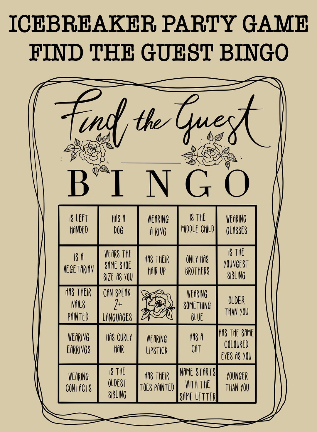 Find the Guest Bingo - Icebreaker Game - Single Card - Etsy