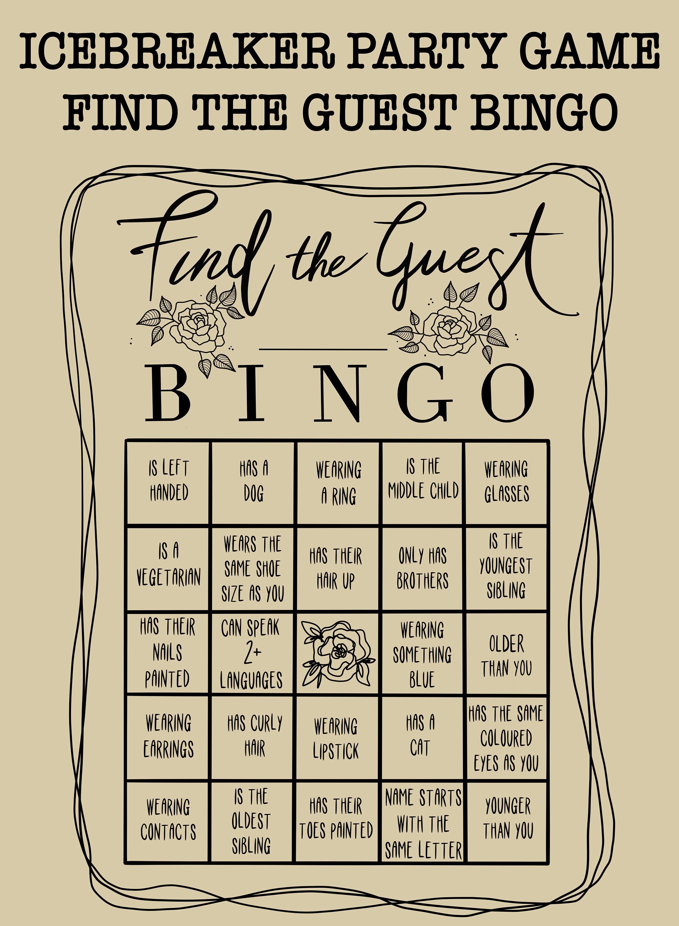 Find the Guest Bingo - Icebreaker Game - Single Card - Etsy