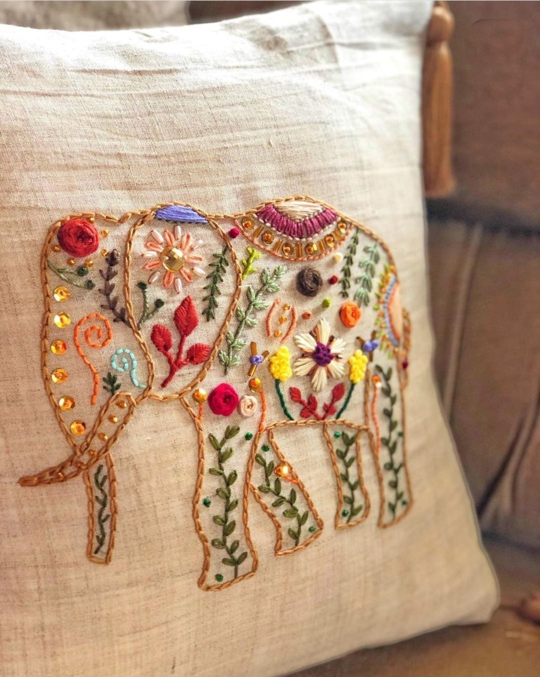 Handmade Punch Knitting Elephant Pillow Cover | Boho Multicolor ...