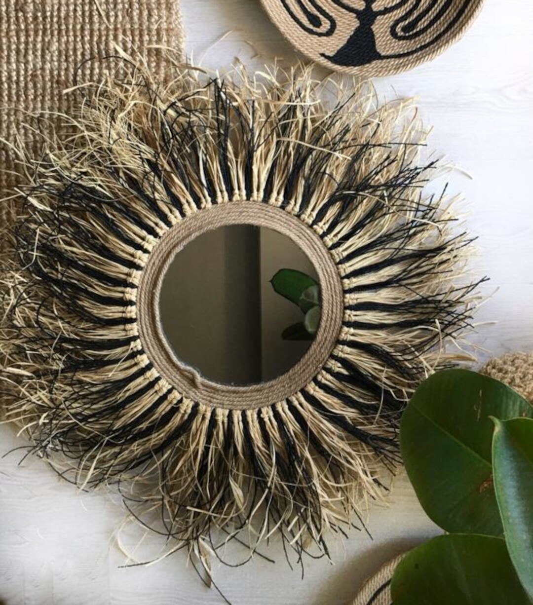 Home Raffia Mirror | Large Raffia Mirror | Wall Gypsy Mirror Décor ...