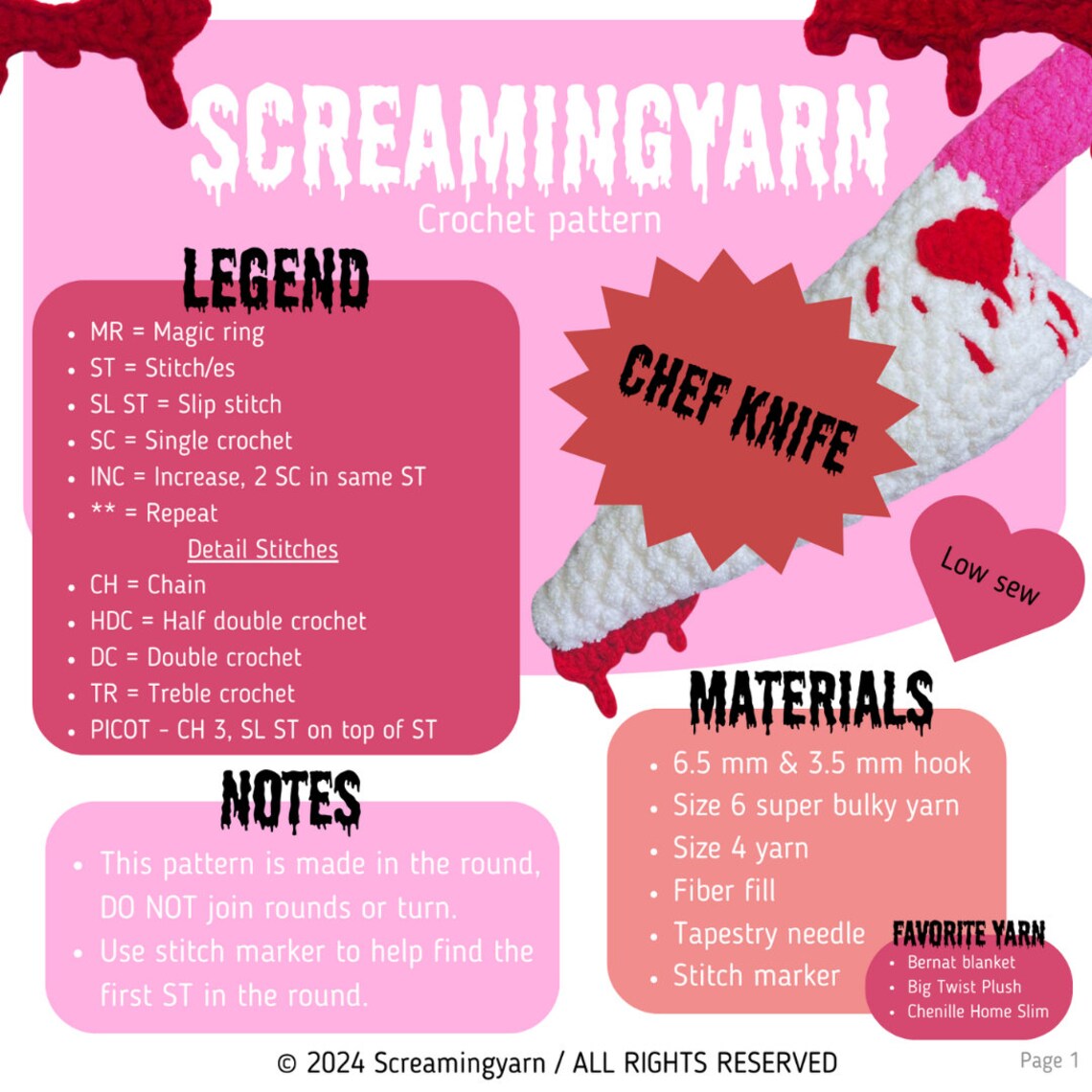 Chef Knife - PDF Crochet PATTERN, Ghost, Love, Horror, Blood, Knife ...