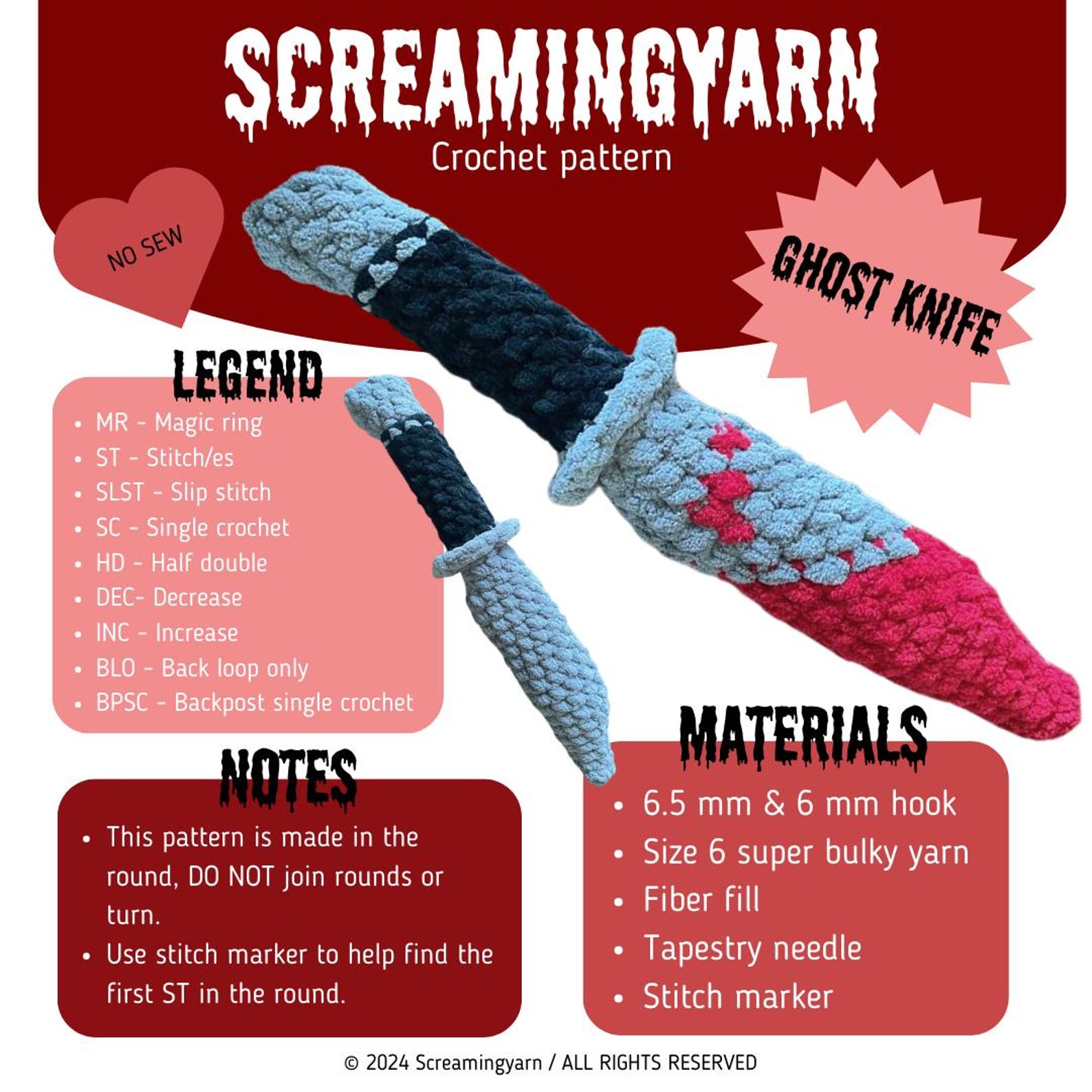 Ghost Knife - PDF Crochet PATTERN, Ghost, Love, Horror, Blood, Knife ...