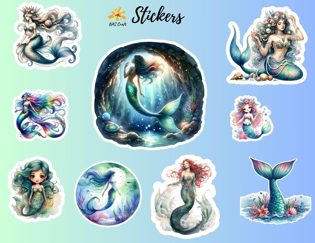 Mermaid Design - 5 Pages Print & Cut Sheets, Mermaid Sticker, Digital ...
