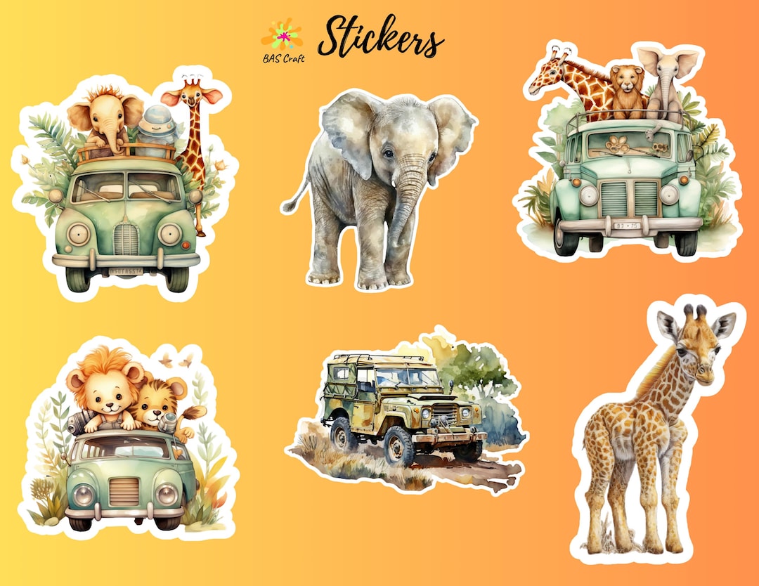 Print & Cut 5 Sheets, Safari Animals Stickers, Digital PNG Sticker ...