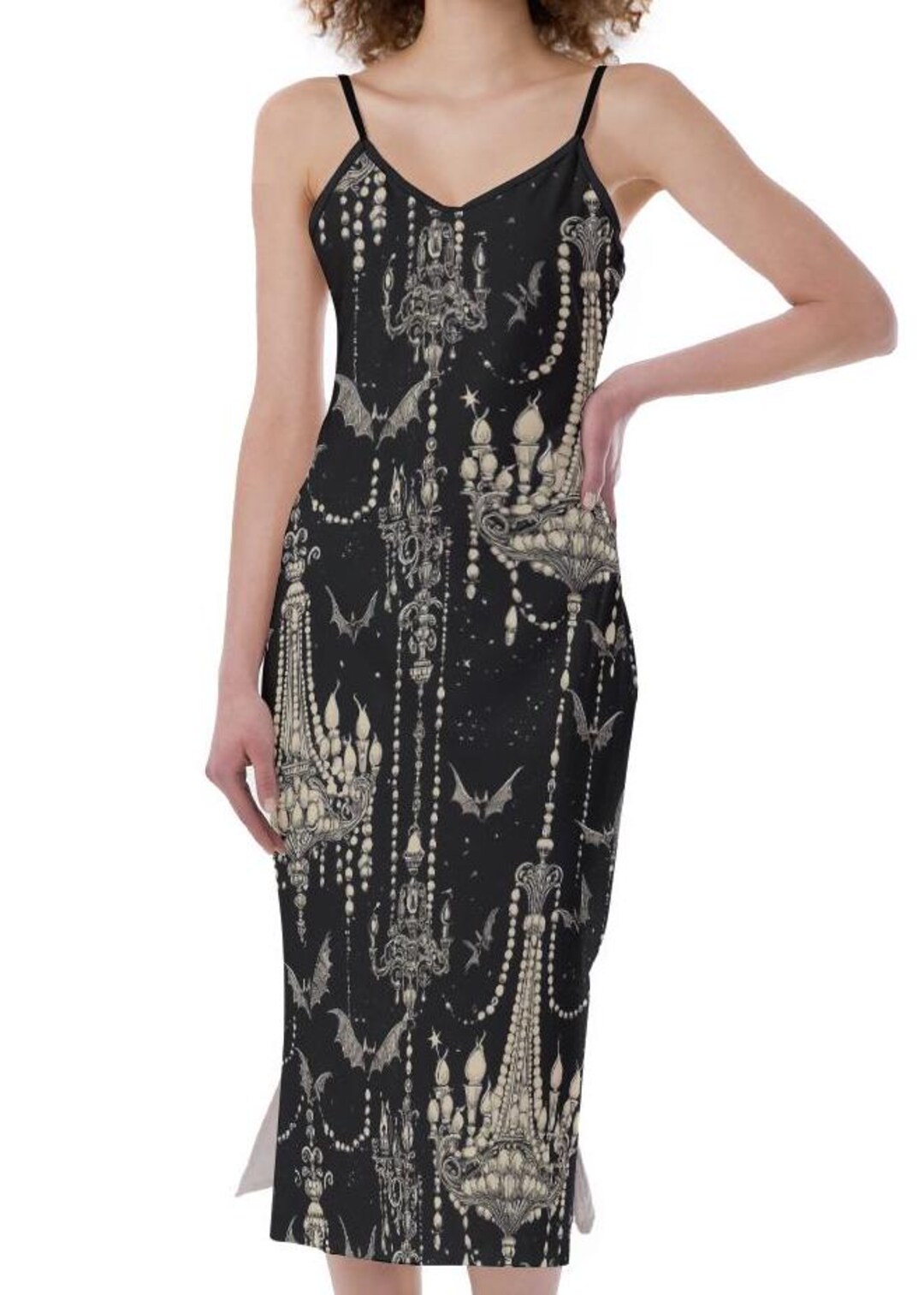 Women's Goth Cami Dress With Chandelier and Bat Print, Spaghetti Strap ...