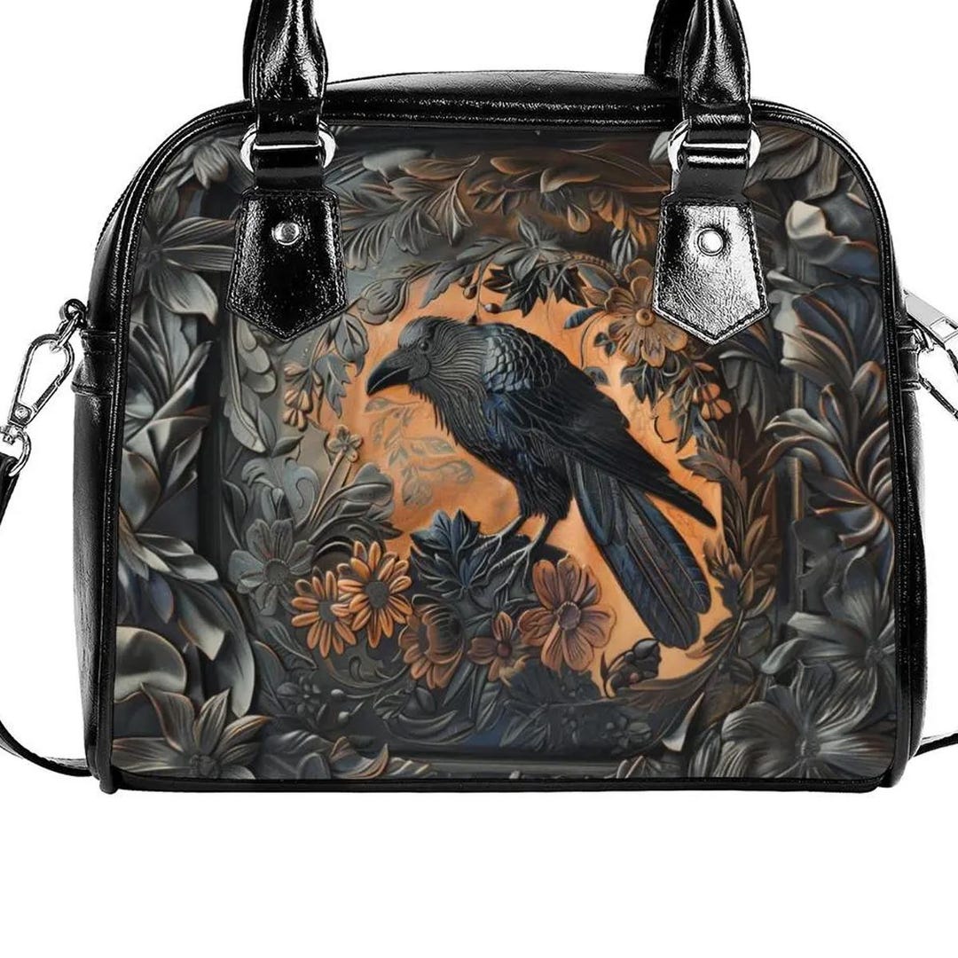 Raven and Flowers Goth Victorian Mourning Purse, Tooled Leather Image ...