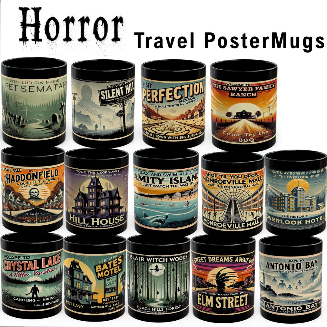 Travel Poster Art From Horror Film, Black Coffee Cup, Creepy Halloween ...