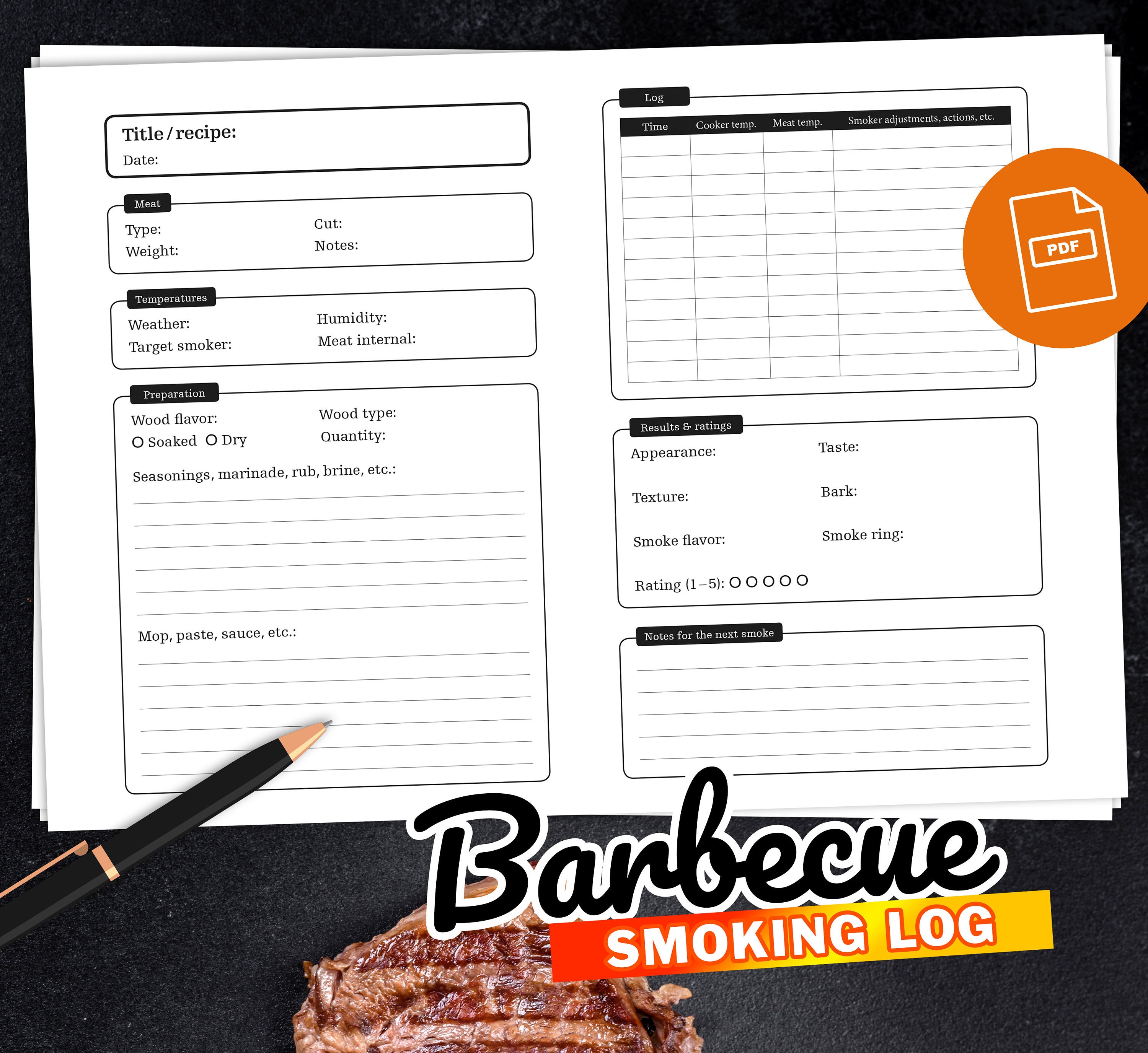 Barbecue Smoking Journal Printable BBQ Meat Smoking Log to | Etsy