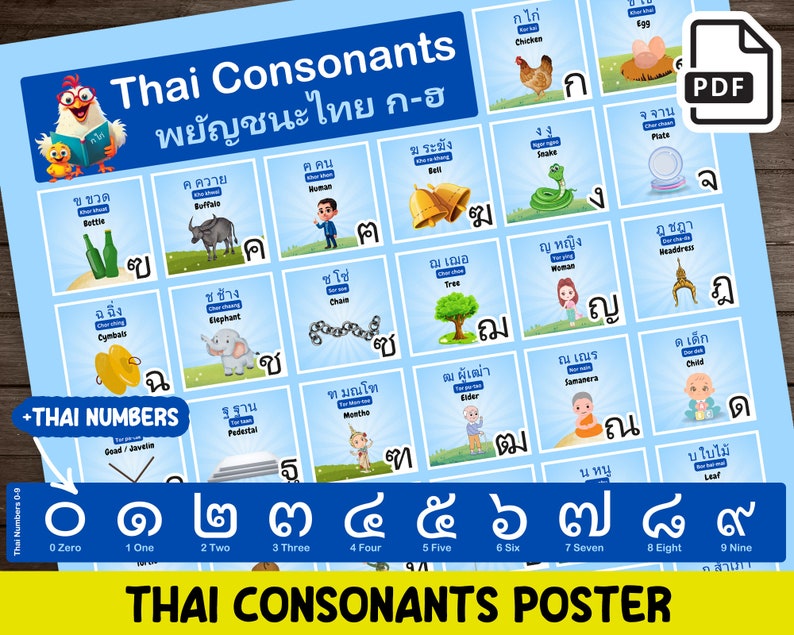 Thai Alphabet Learning Poster for Children Poster With Thai Consonants ...