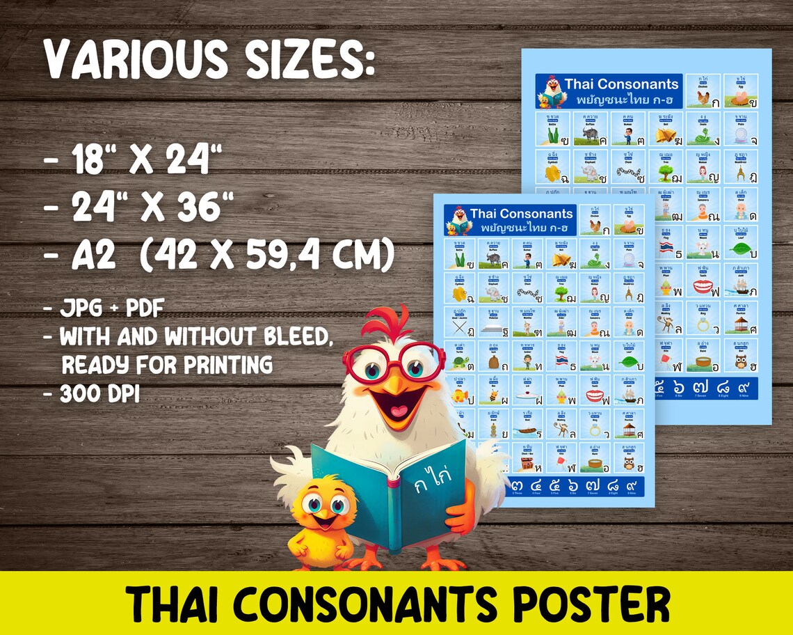 Thai Alphabet Learning Poster for Children Poster With Thai Consonants ...
