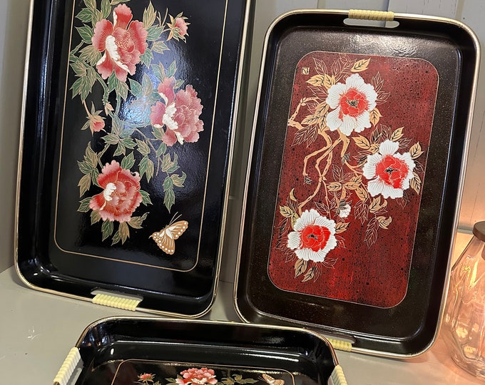 Vintage Japanese Lacquer Trays Floral Design - Etsy