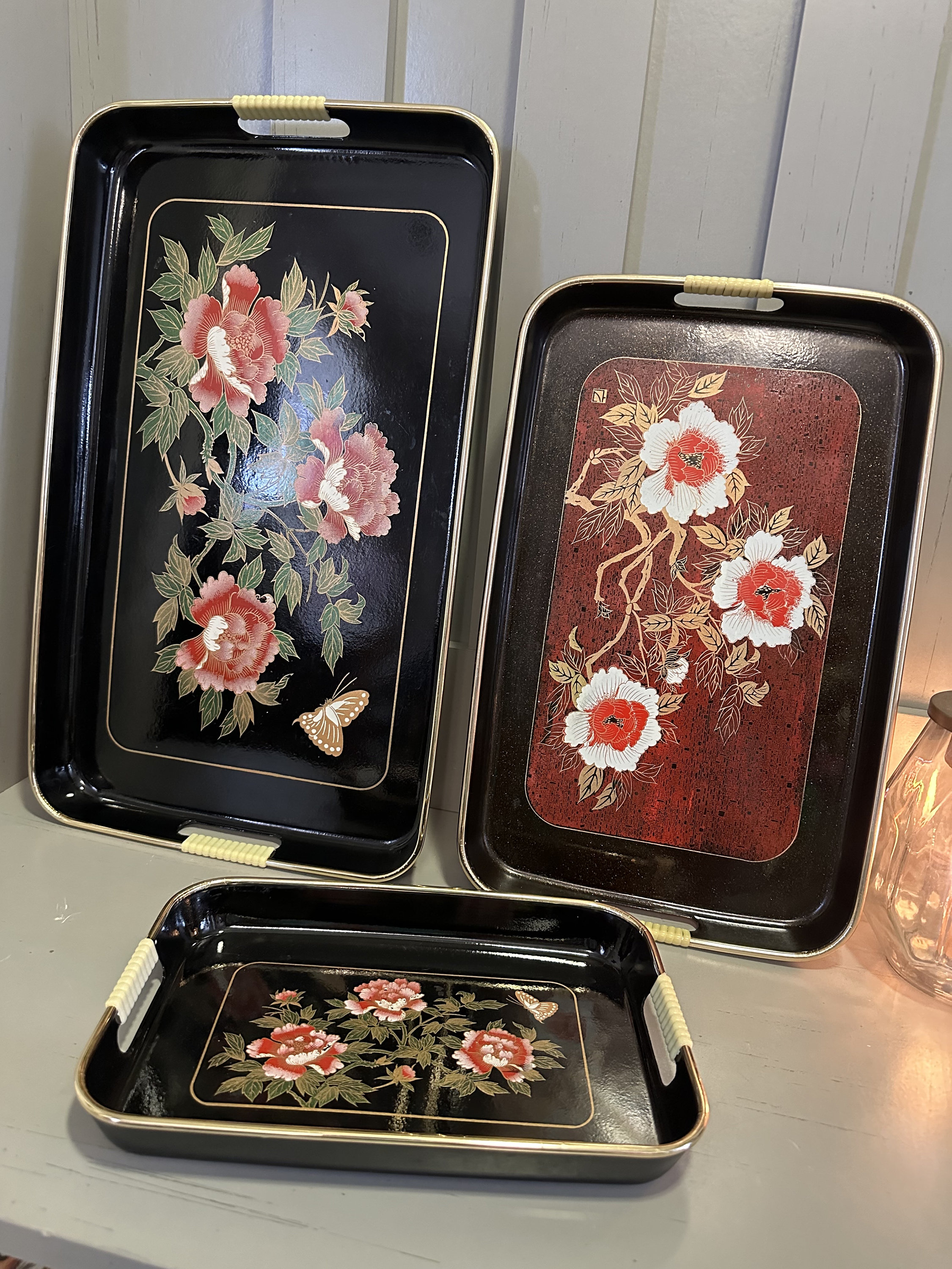 Vintage Japanese Lacquer Trays Floral Design - Etsy