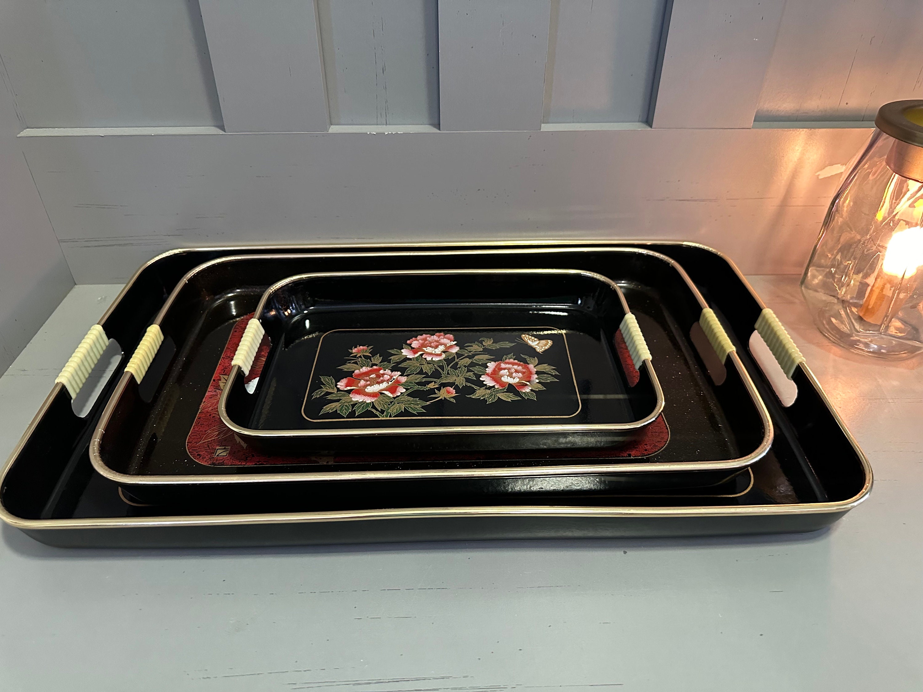 Vintage Japanese Lacquer Trays Floral Design - Etsy