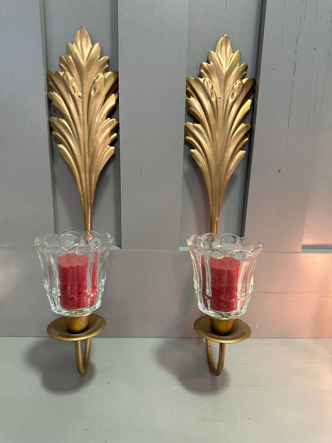 Set of Two Metal Gold Tone Wall Sconces That Hold Tapered Candles. With ...
