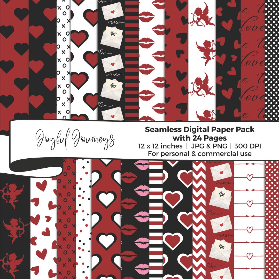 Valentine's Day Digital Paper, Red and Black Valentines Day Scrapbook ...