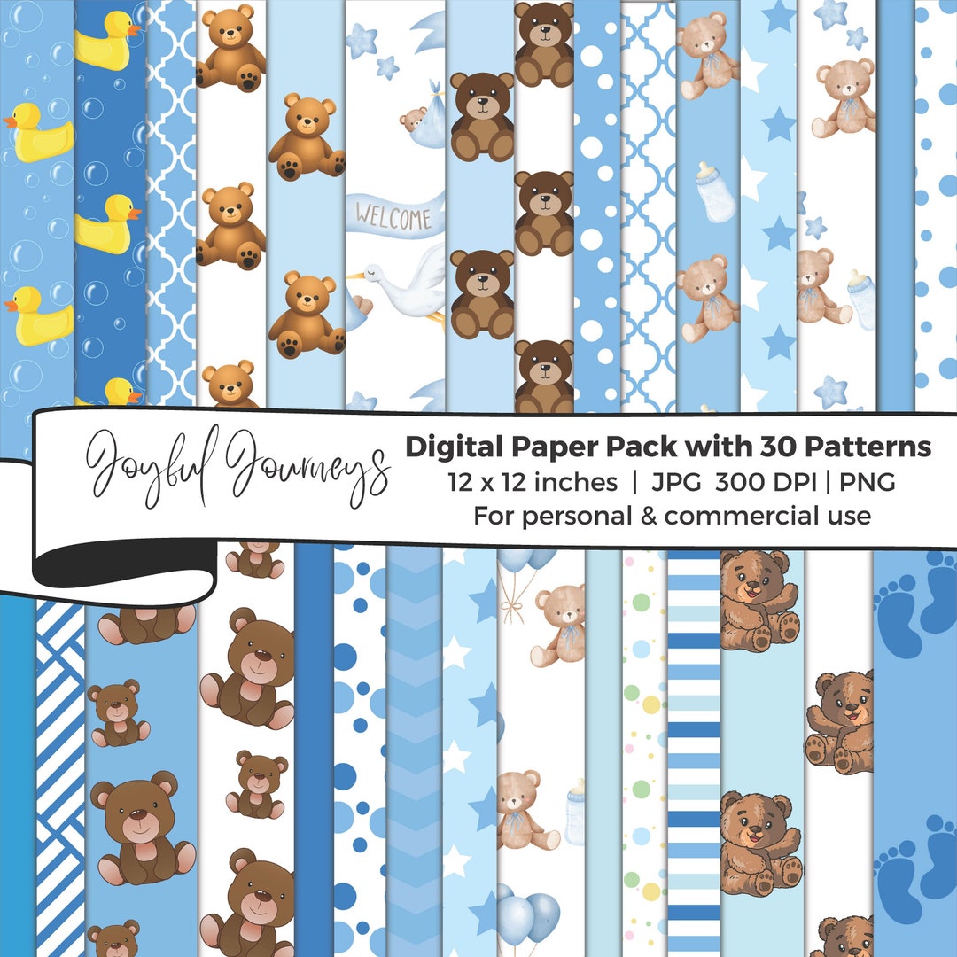 Baby Boy Digital Paper, New Baby, Teddy Bear Scrapbook Paper, Blue ...