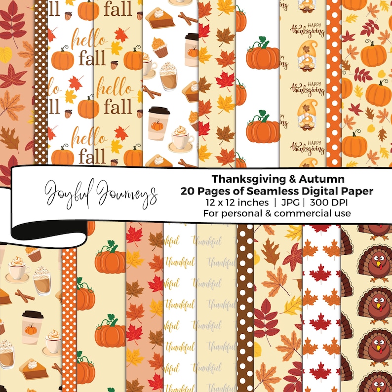 Fall Thanksgiving Digital Paper Bundle: Pumpkins, Seamless Patterns ...