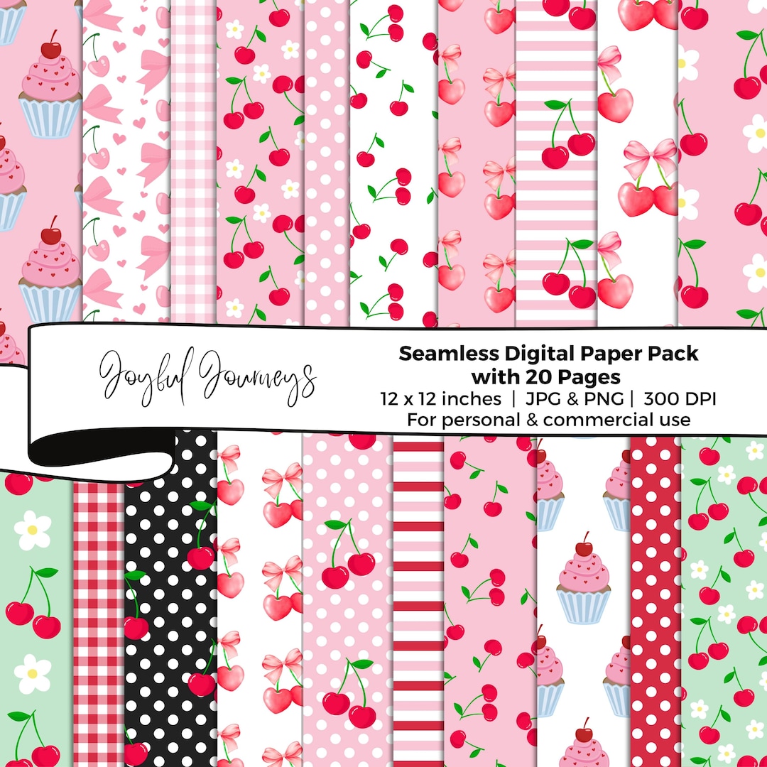 Cherry Digital Paper: Coquette Bows, Cherries, Gingham, Valentine's Day ...
