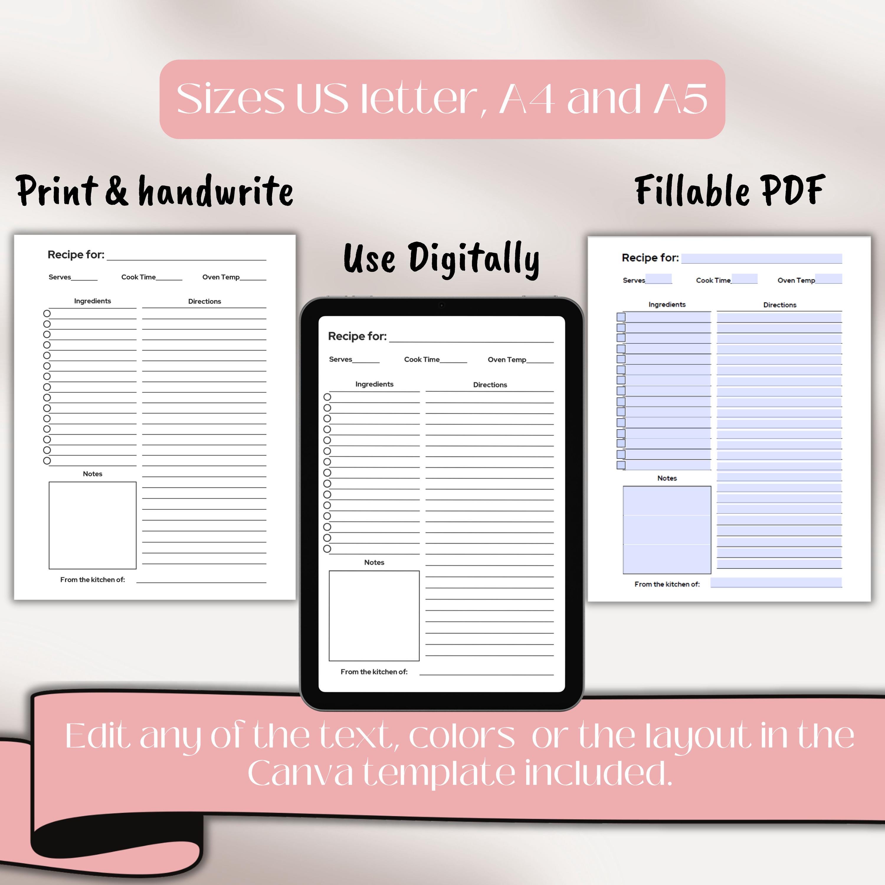 Printable Recipe Book Template: EDITABLE Recipe Card, Minimalist, (A4 ...