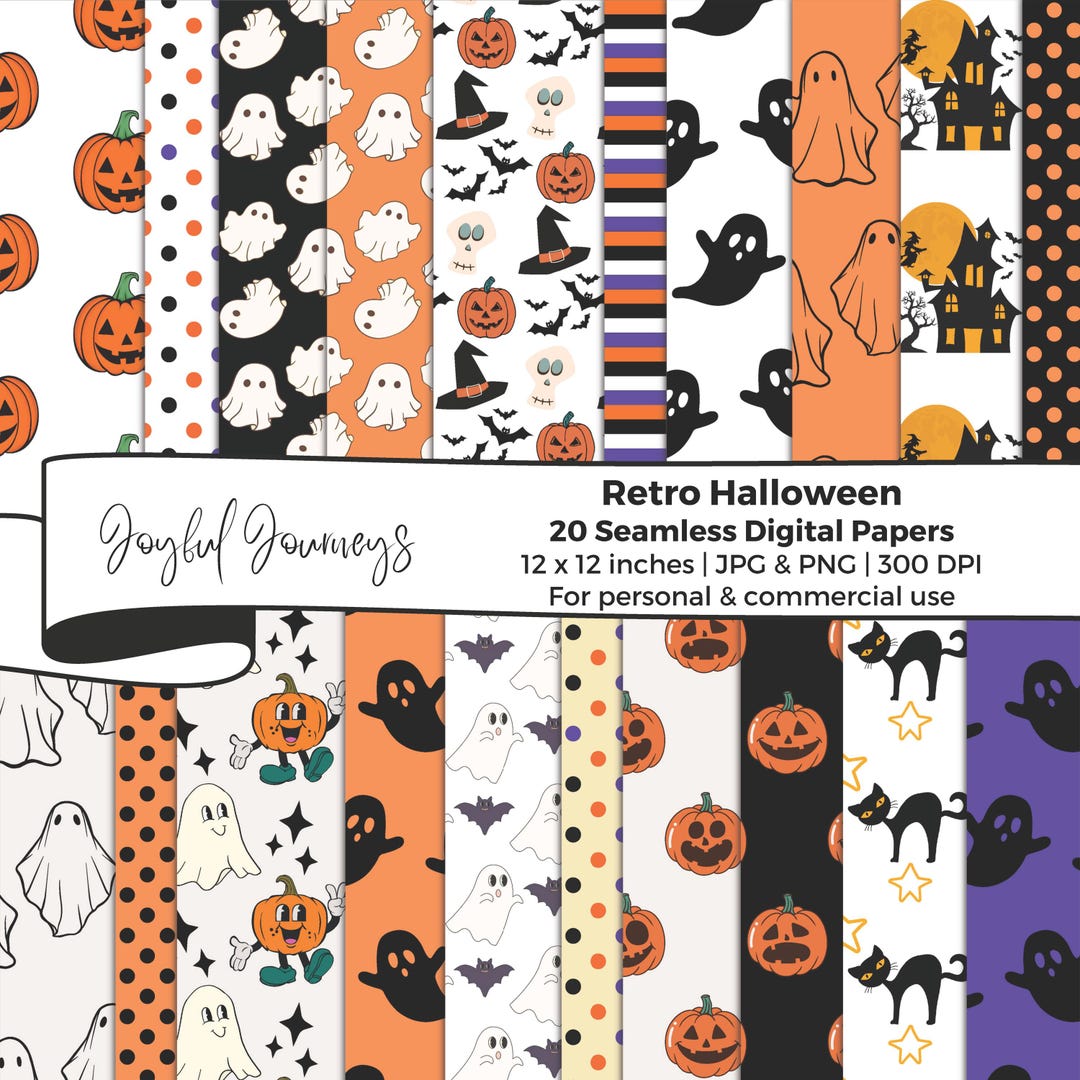 Retro Halloween Digital Paper, Cute Ghost, Halloween Seamless Pattern ...