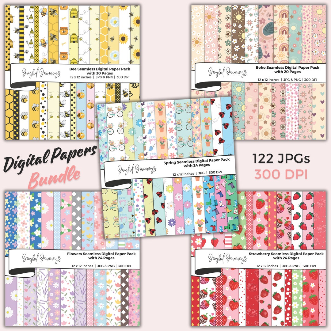Spring Digital Paper Bundle: Bee, Strawberry, Floral, Boho, Spring ...