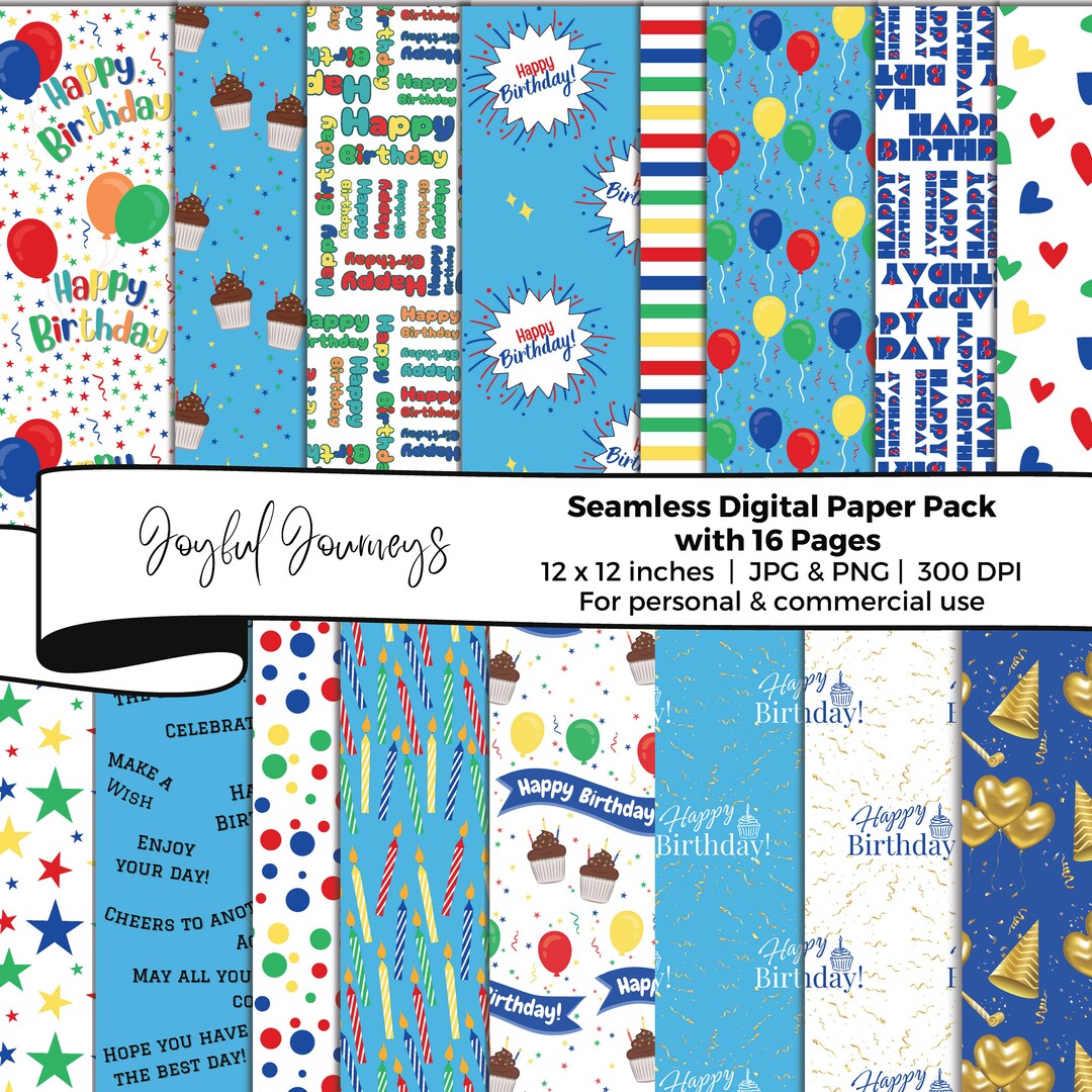 Birthday Digital Paper, Blue Birthday Printable Papers, Boy Birthday ...