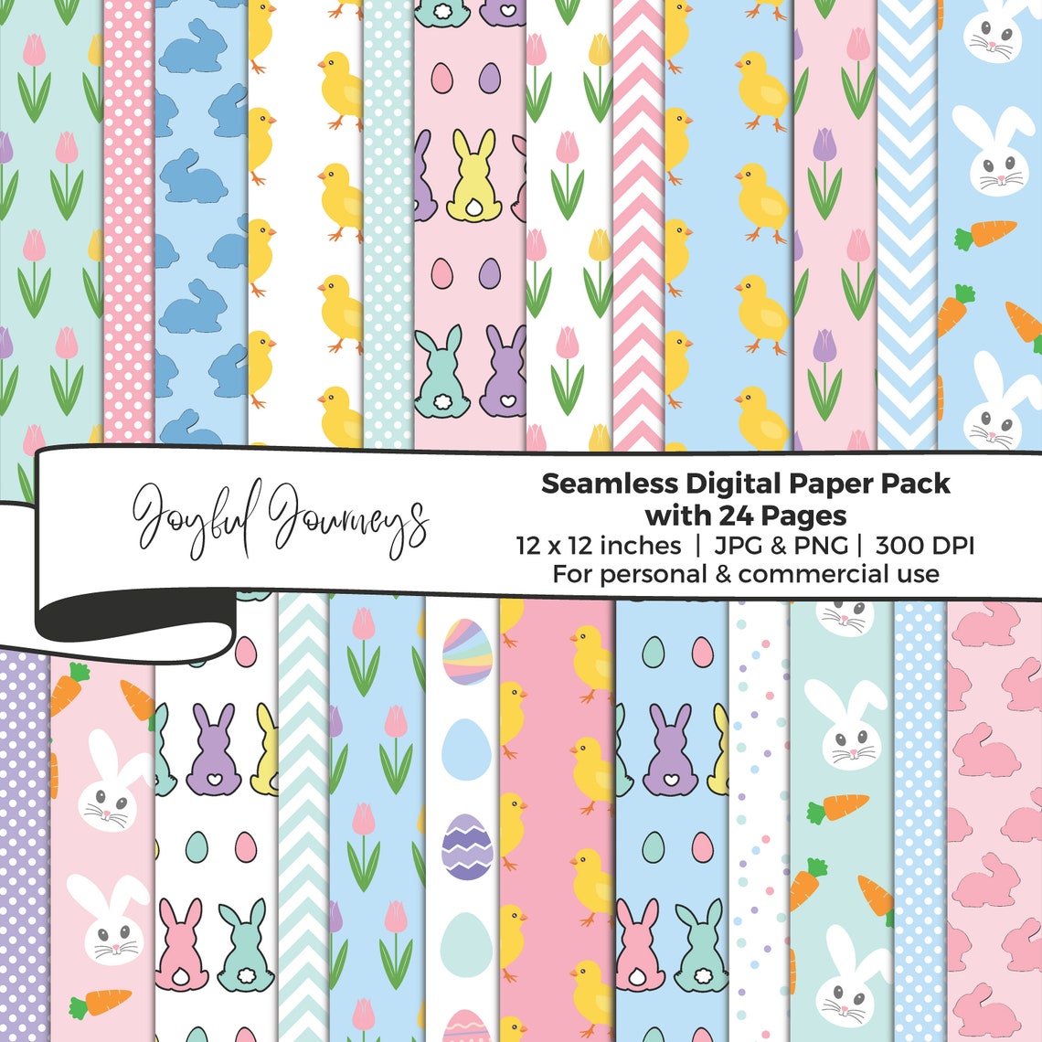 Easter Bunny Digital Paper, Seamless Scrapbook Paper, Tulip Background ...