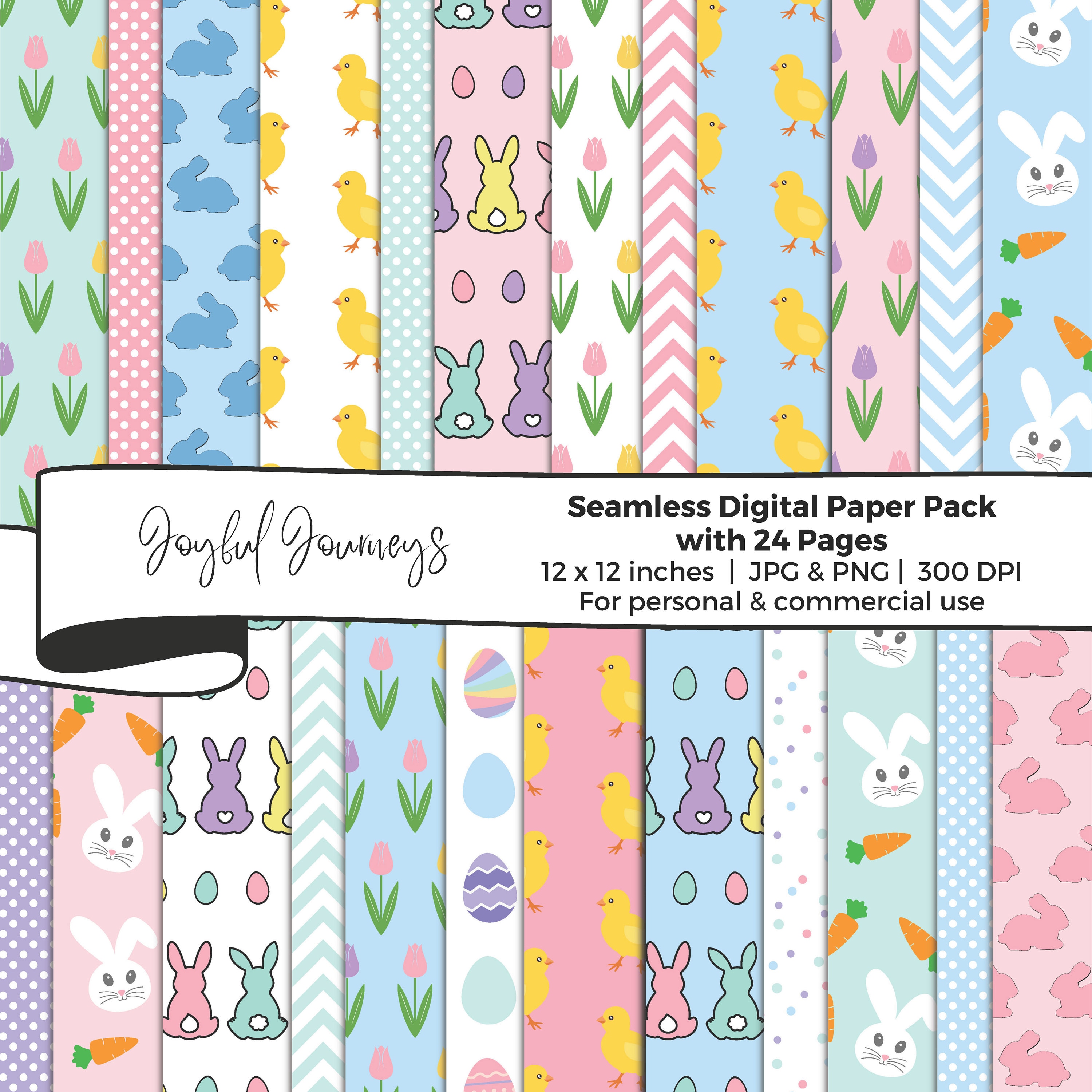 Easter Bunny Digital Paper, Seamless Scrapbook Paper, Tulip Background ...
