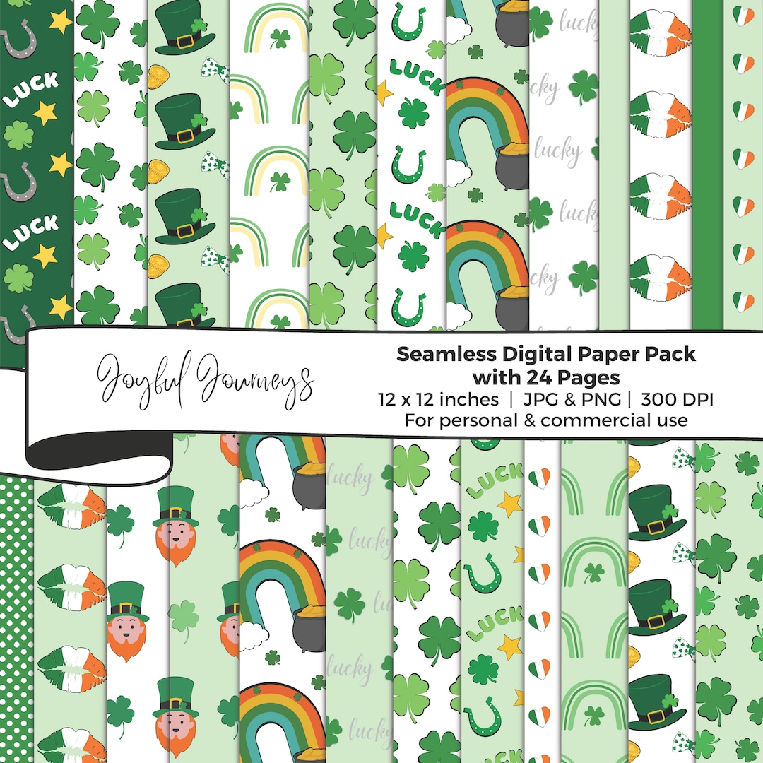St Patrick's Day Digital Paper, Irish Shamrock Four Leaf Clover Luck ...