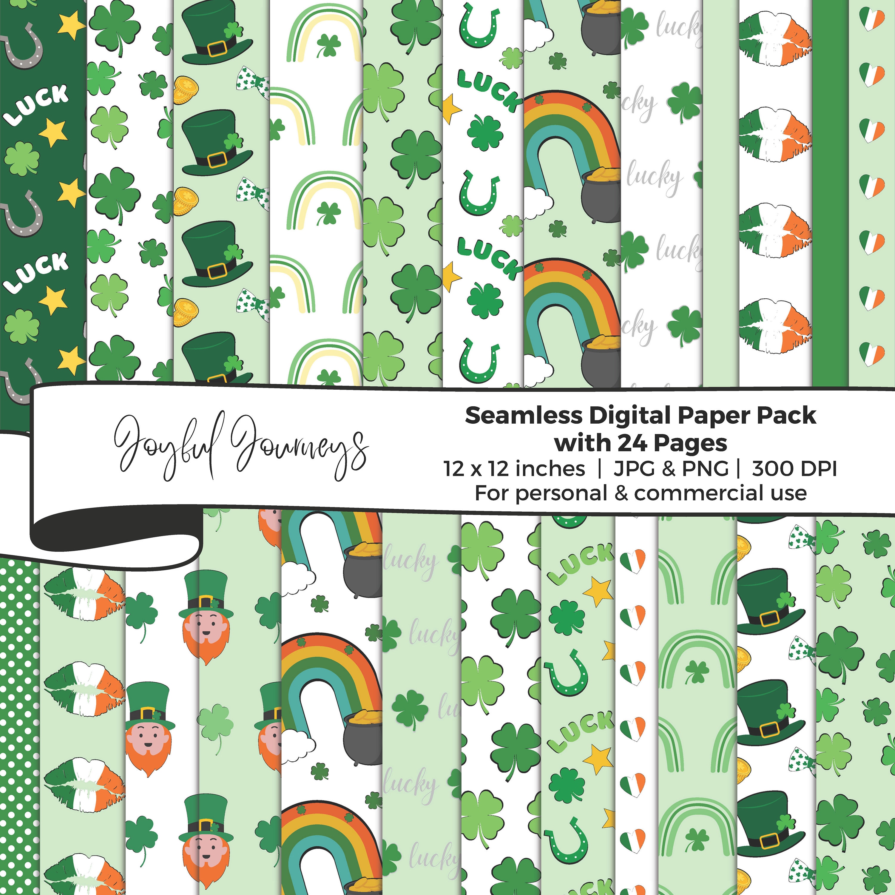 St Patrick's Day Digital Paper, Irish Shamrock Four Leaf Clover Luck ...