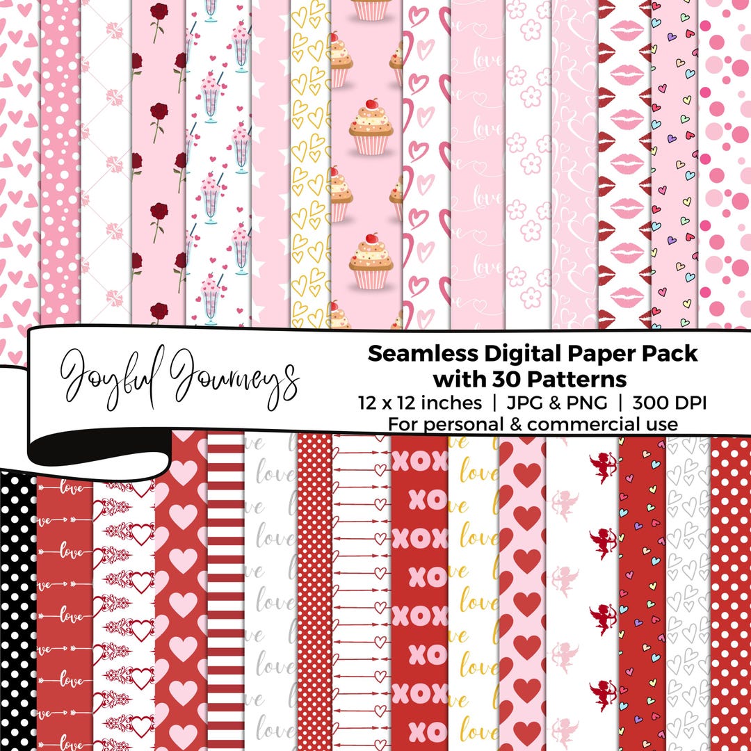 Valentine's Day Digital Paper: Hearts, Cupids, Lips, Love, Valentines ...