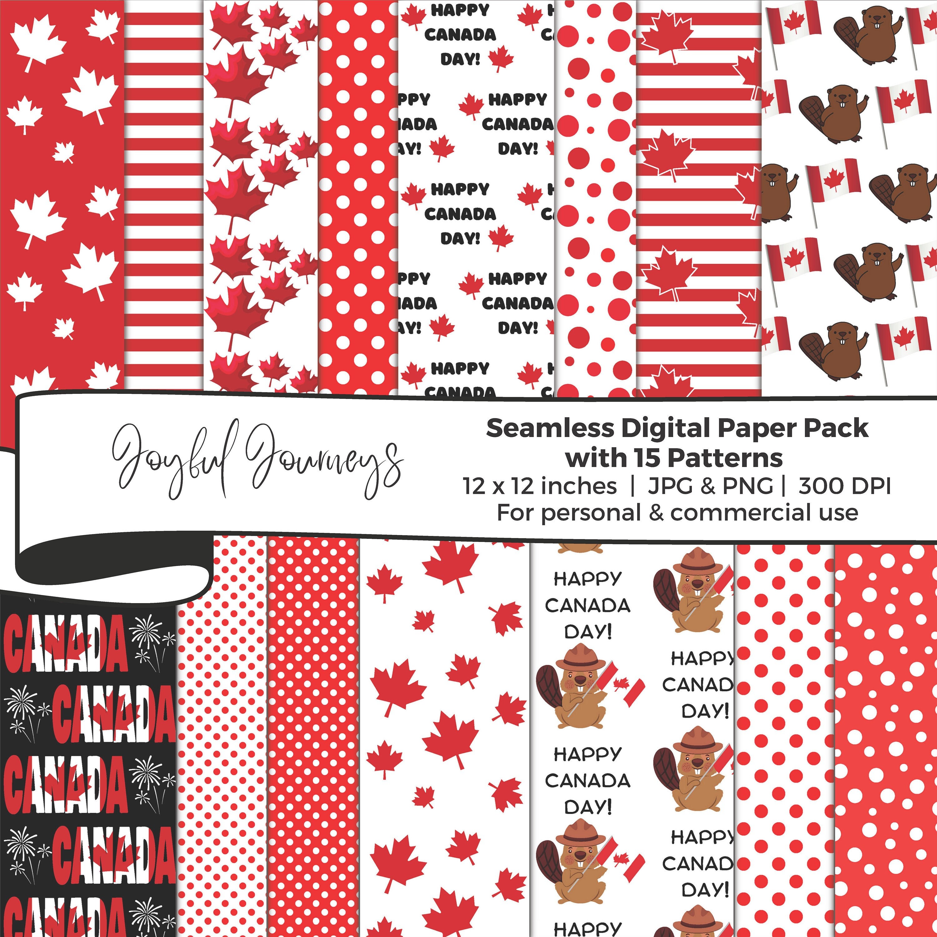 Canada Day Digital Paper, Red and White Scrapbook Paper, Happy Canada ...