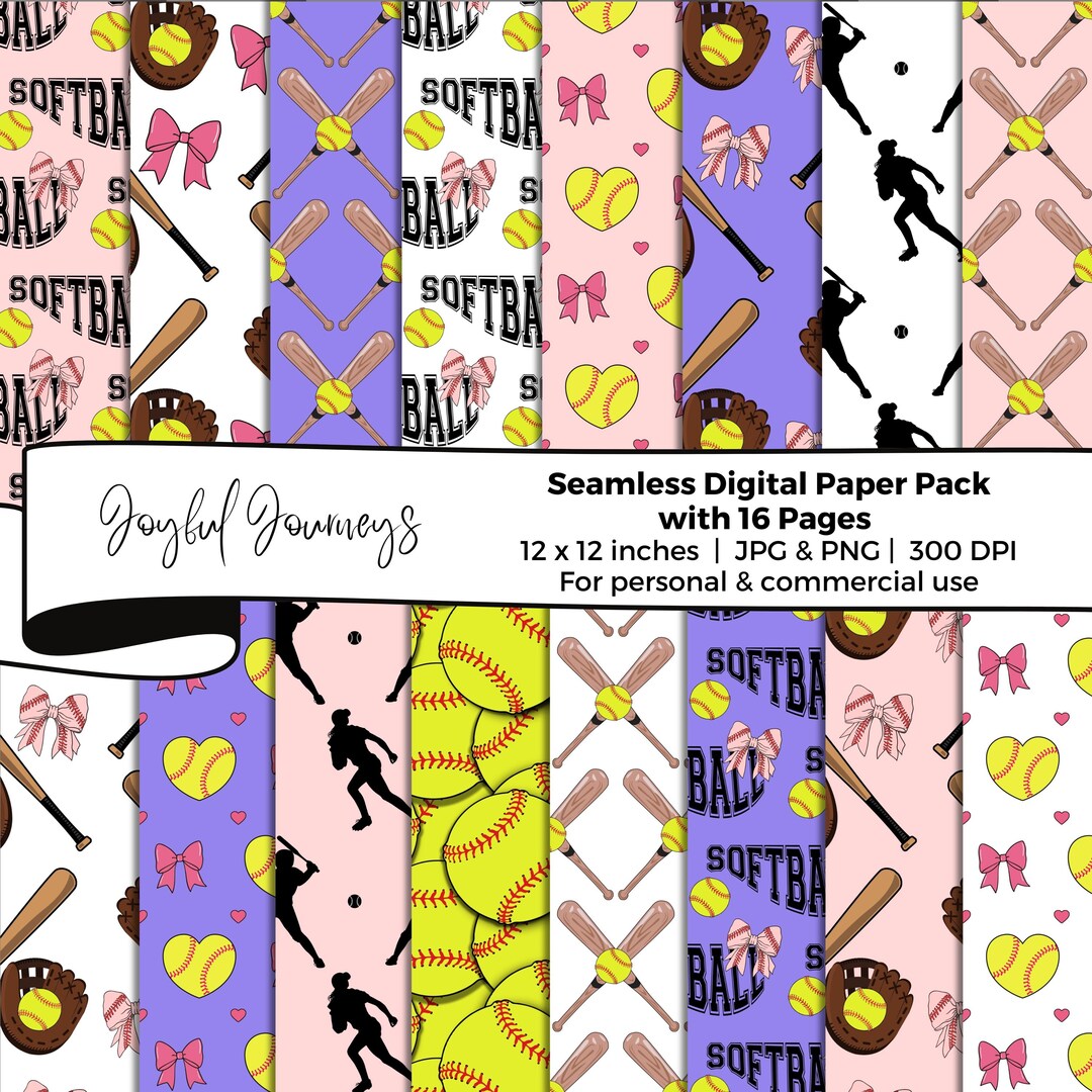 Softball Digital Paper: Coquette Bows, Seamless Pattern, Spring Sports ...