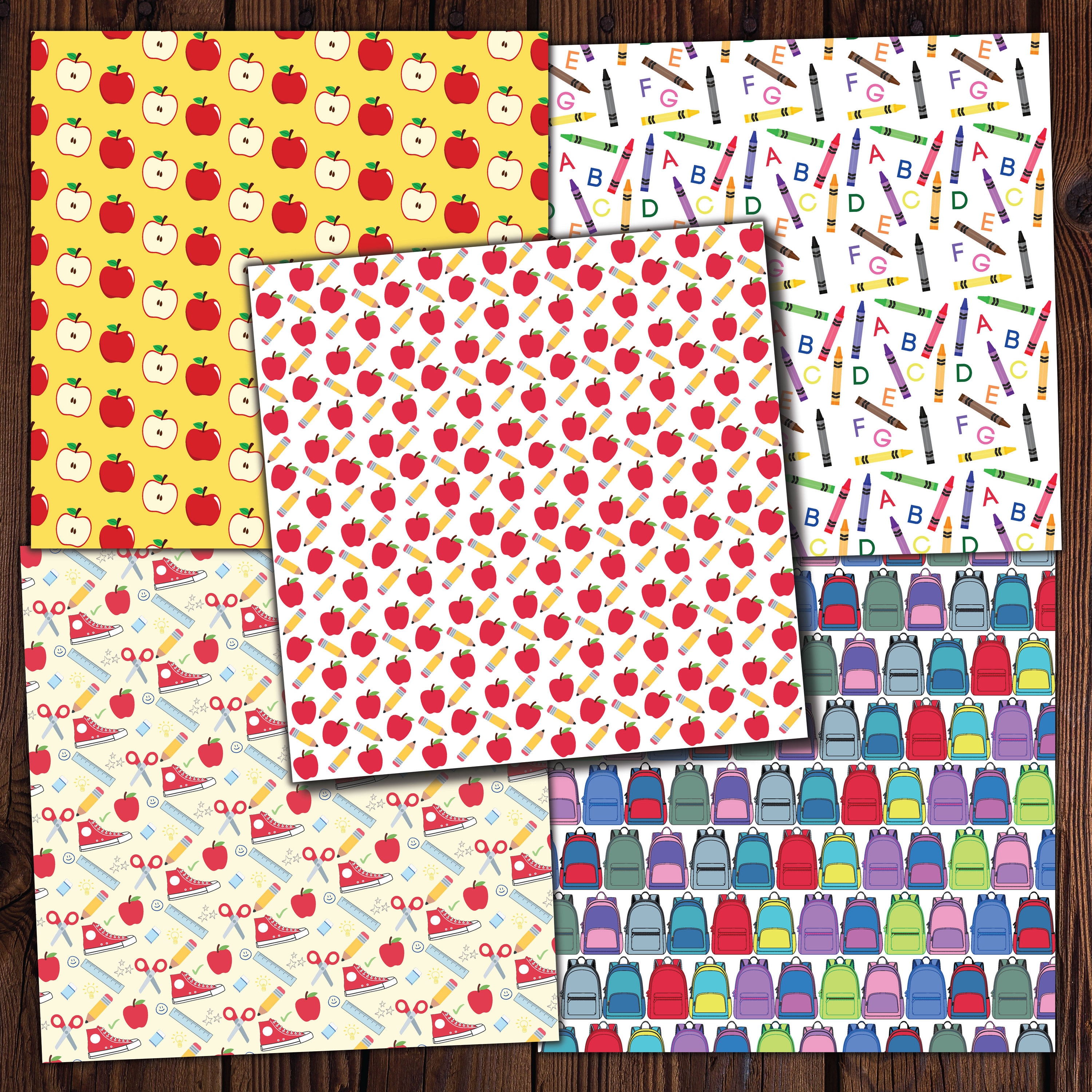 Back to School Digital Paper: Teacher Seamless Patterns, Apple, Pencil ...
