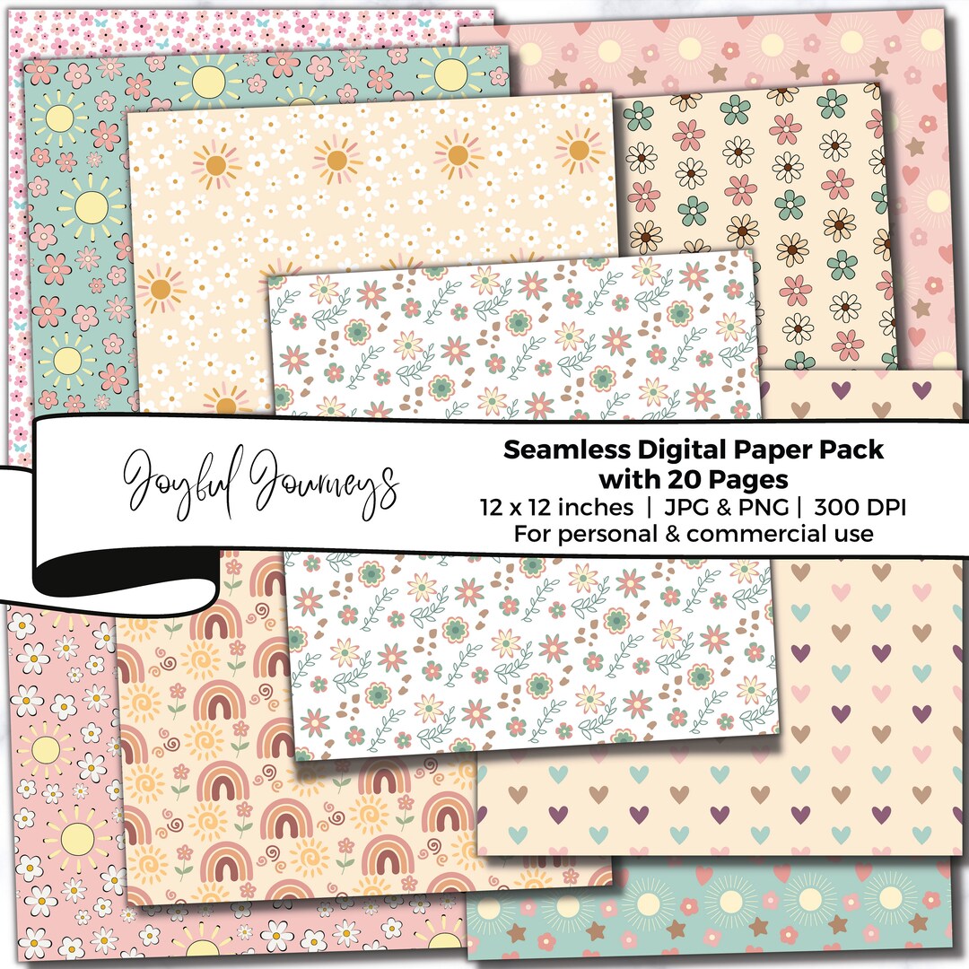 Boho Seamless Digital Paper, Sun Spring Summer Boho Floral Pattern ...