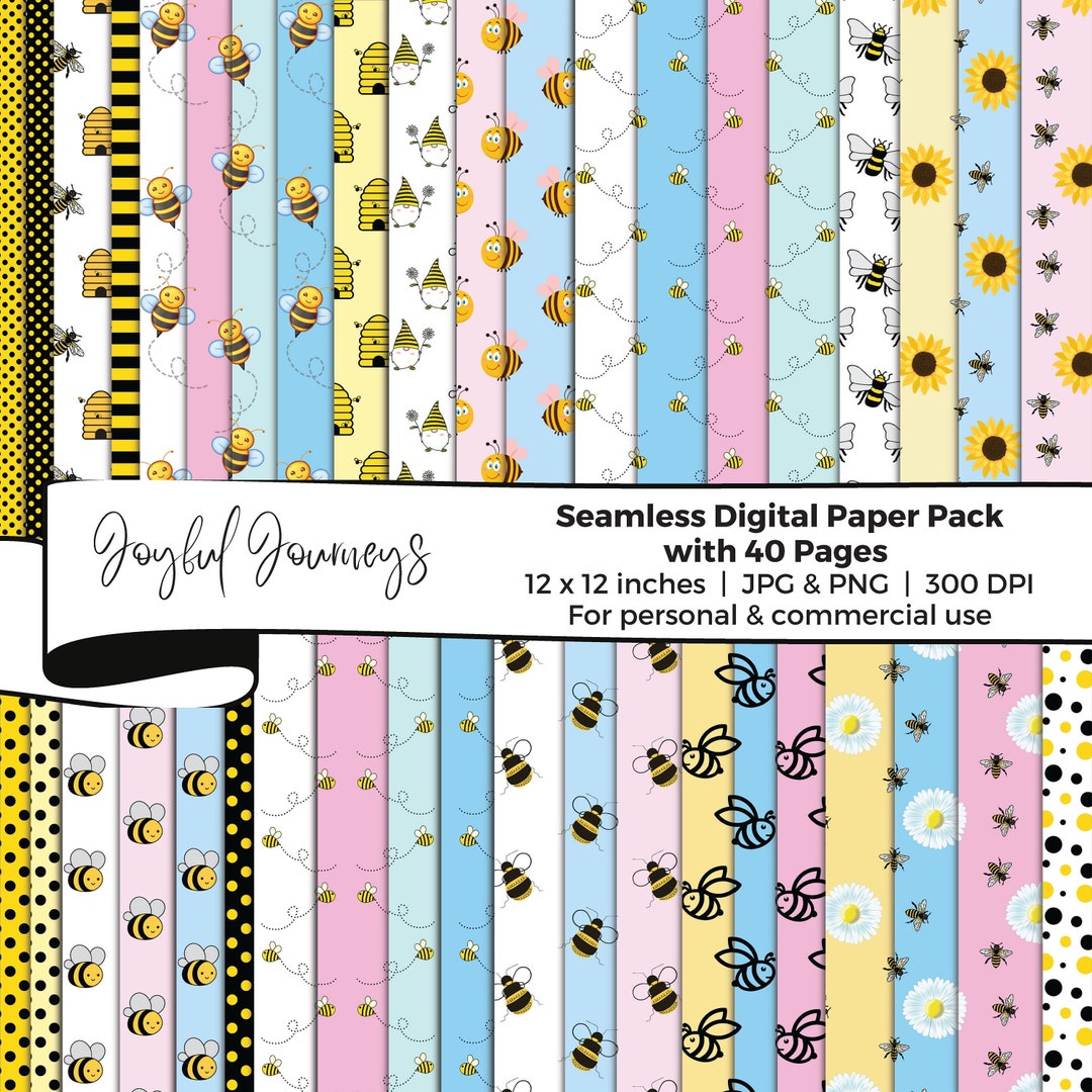 Bee Digital Paper: Blue and Pink, Seamless Patterns, Scrapbook Paper ...