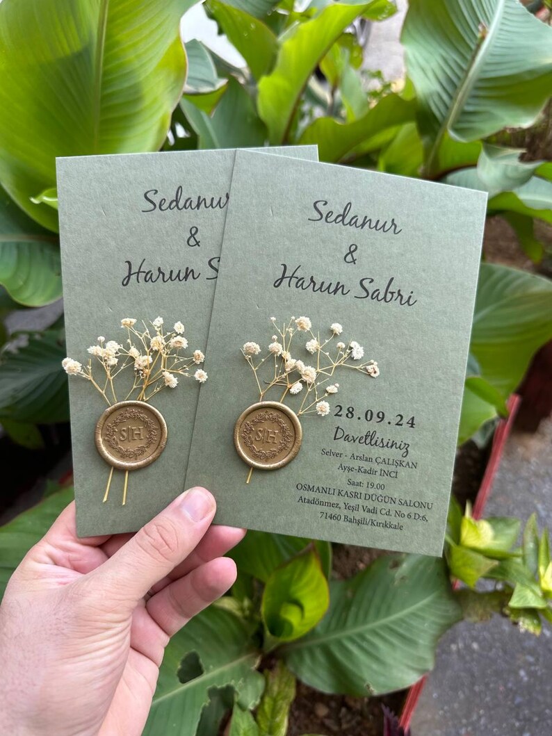 Elegant Green Wedding Invitations With Flowers and Custom Wax; Green ...