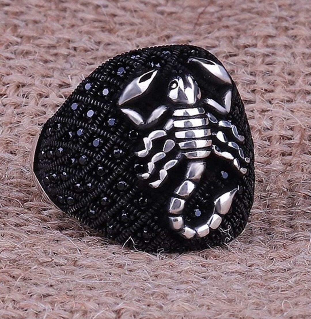 Scorpion Silver Signet Men's Ring Micro Stone Embroidered Handmade 925 ...