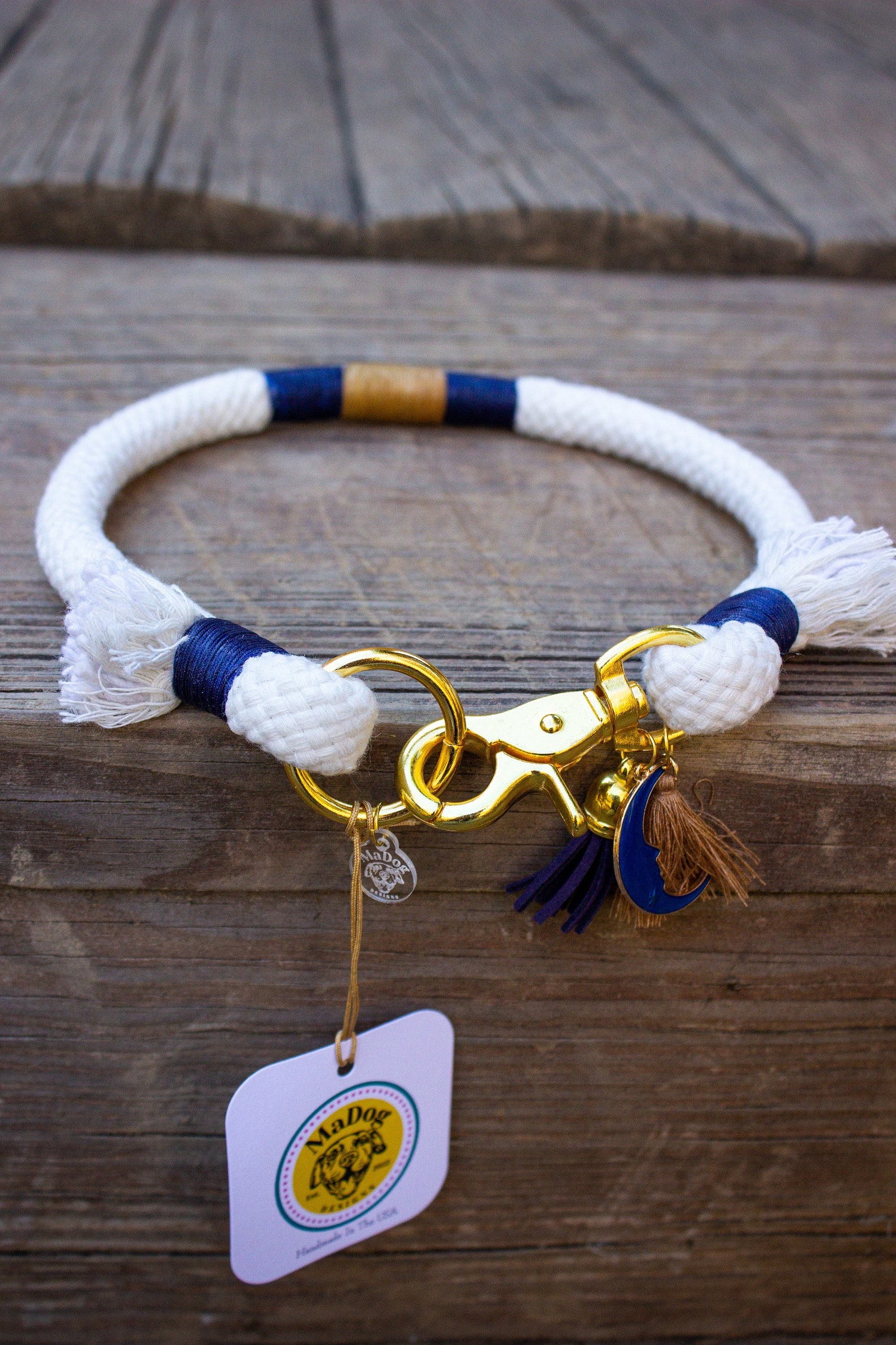 Handmade Cotton Rope Dog Collar: Navy, Gold, and White - Etsy