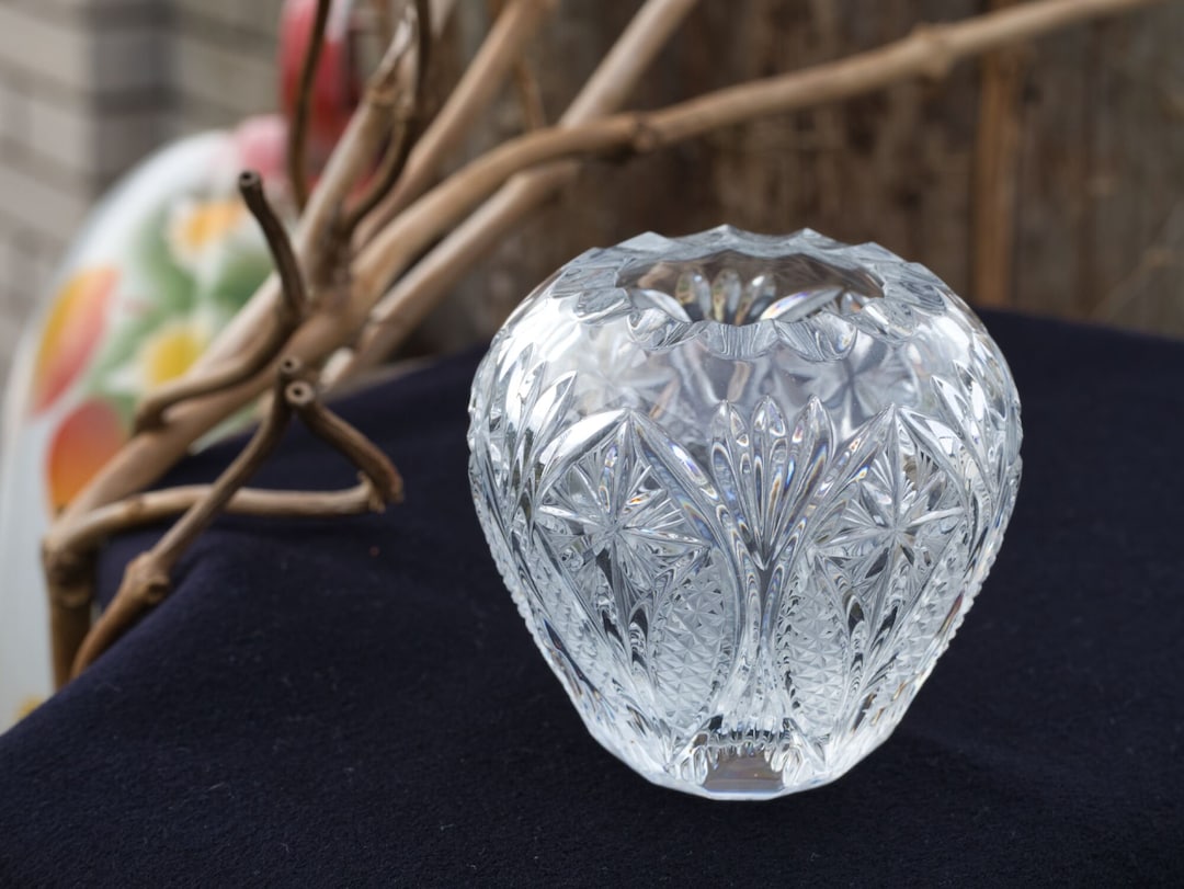 Vintage Small Crystal Glass Vase, Lead Crystal Etched Bowl, Cut Lead ...