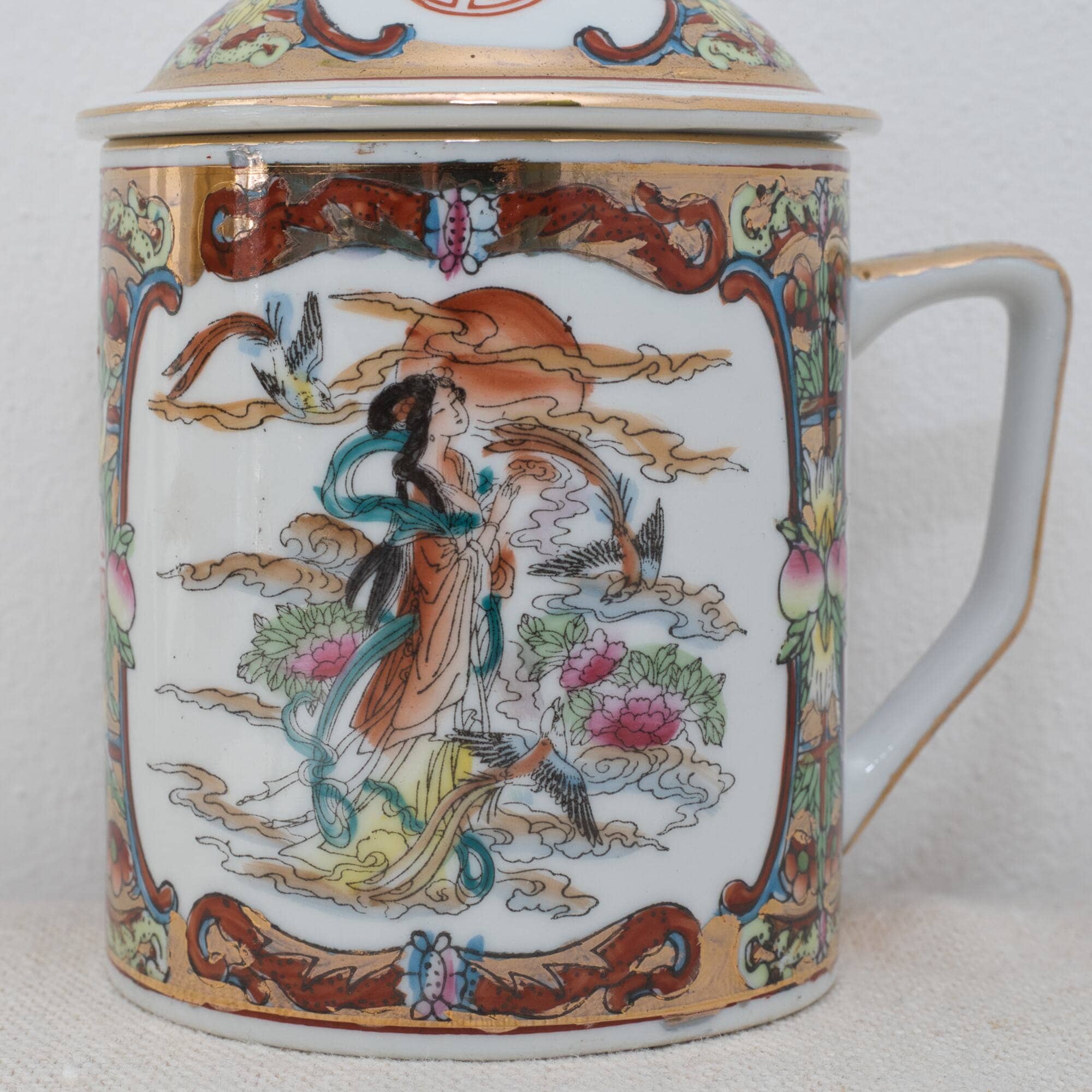 Chinese Tea Cup With Lid, Vintage Chinese Porcelain Tea Mug, Asian ...