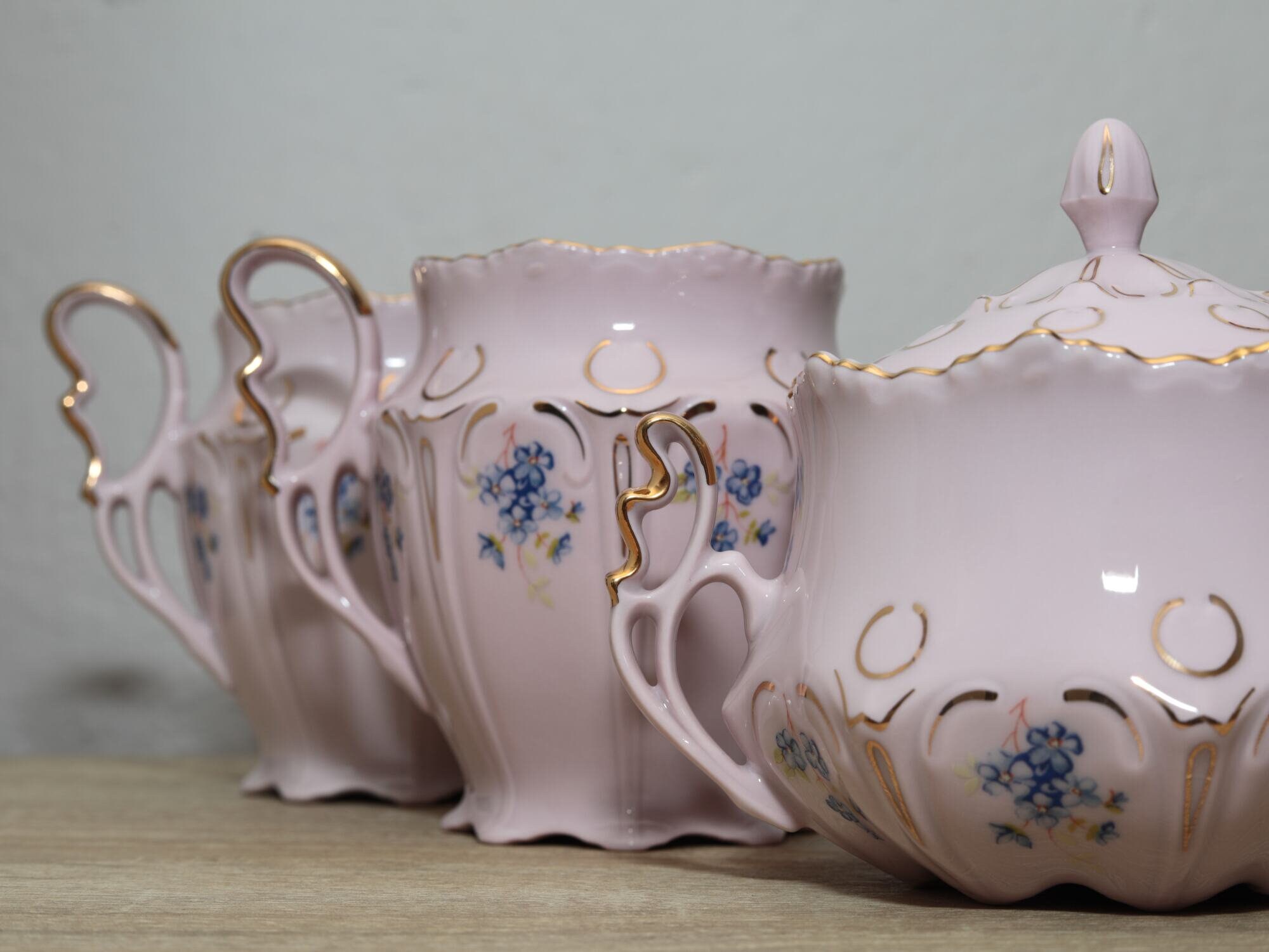 Pink Porcelain Tea Set for Two, Porcelain Mugs and Sugar Bowl, H&C ...