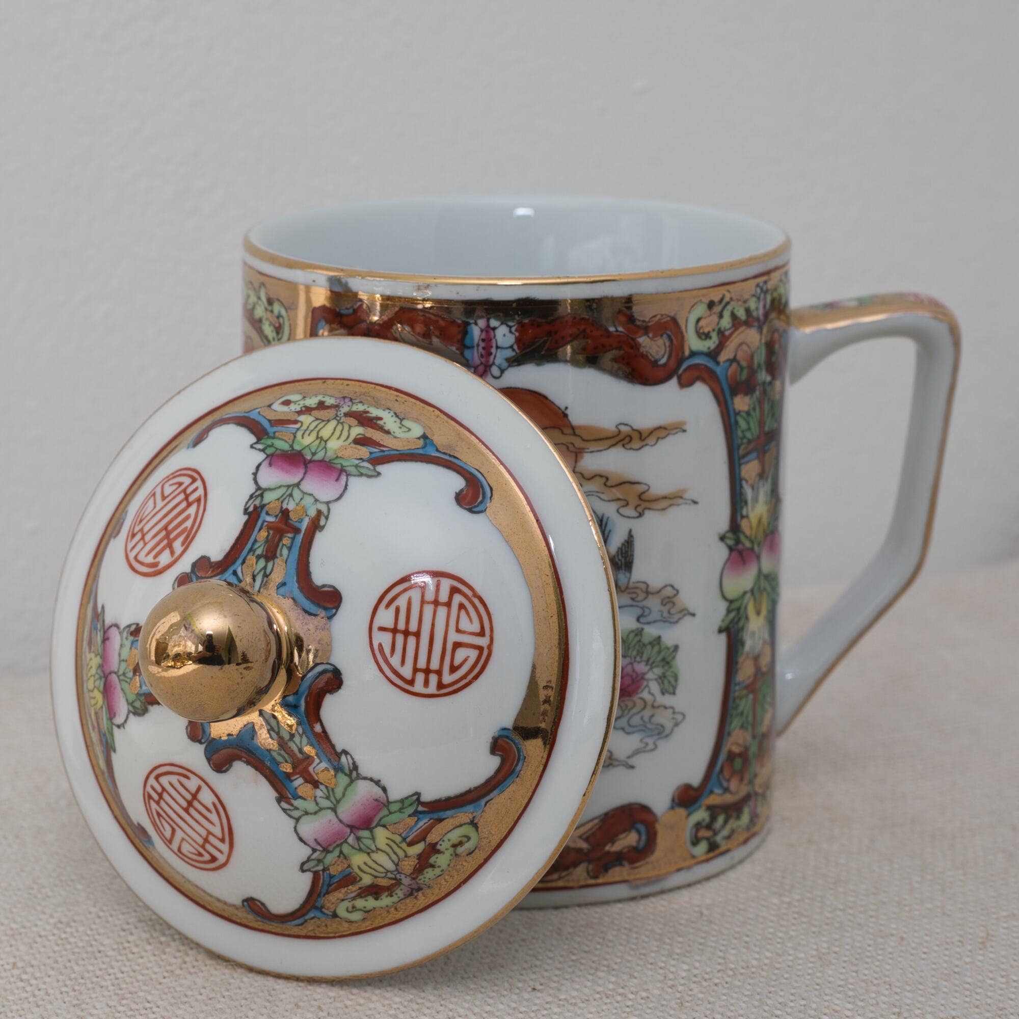 Chinese Tea Cup With Lid, Vintage Chinese Porcelain Tea Mug, Asian ...