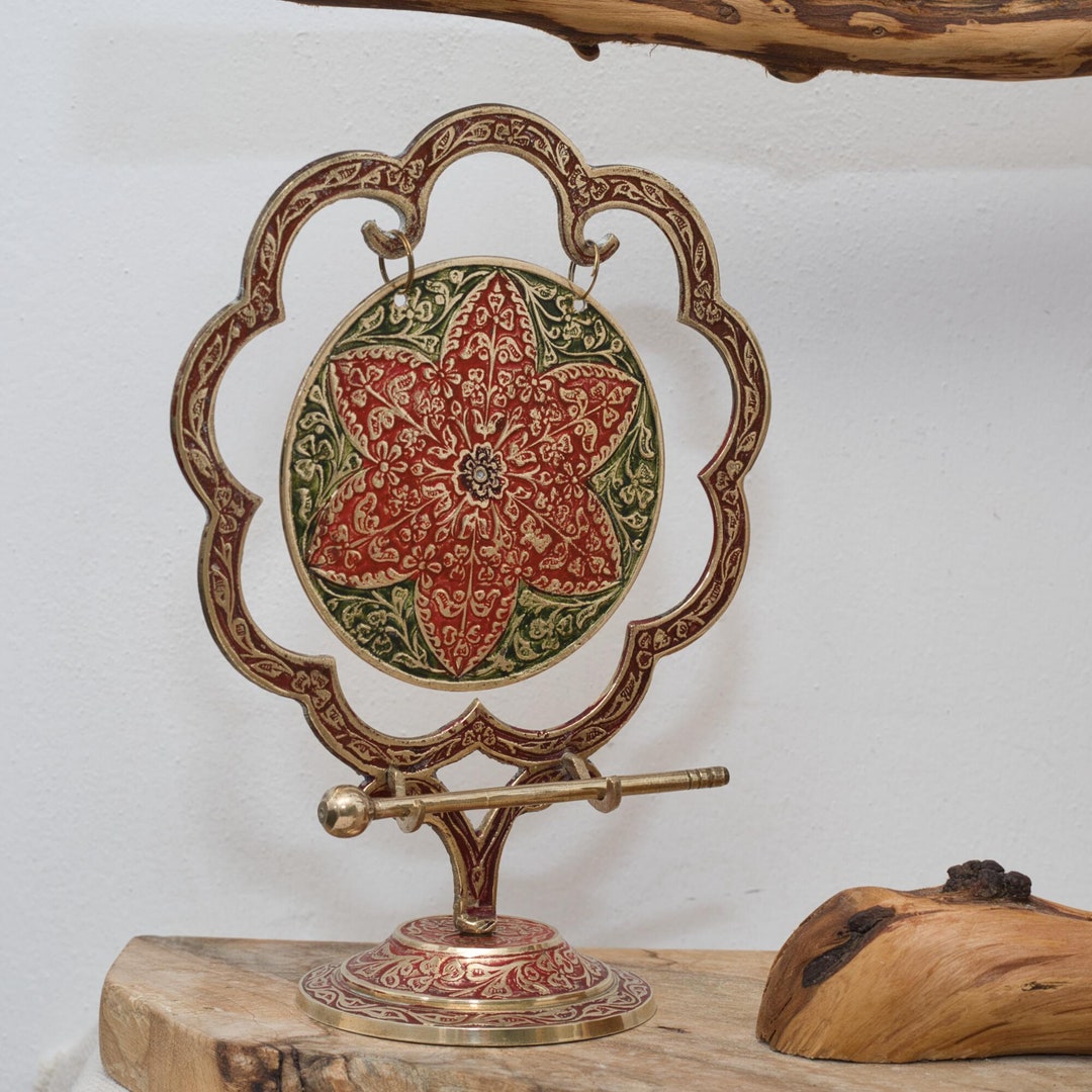 Vintage Enameled Brass Table Gong, Prayer Gong, Gong With Striker, Zen ...