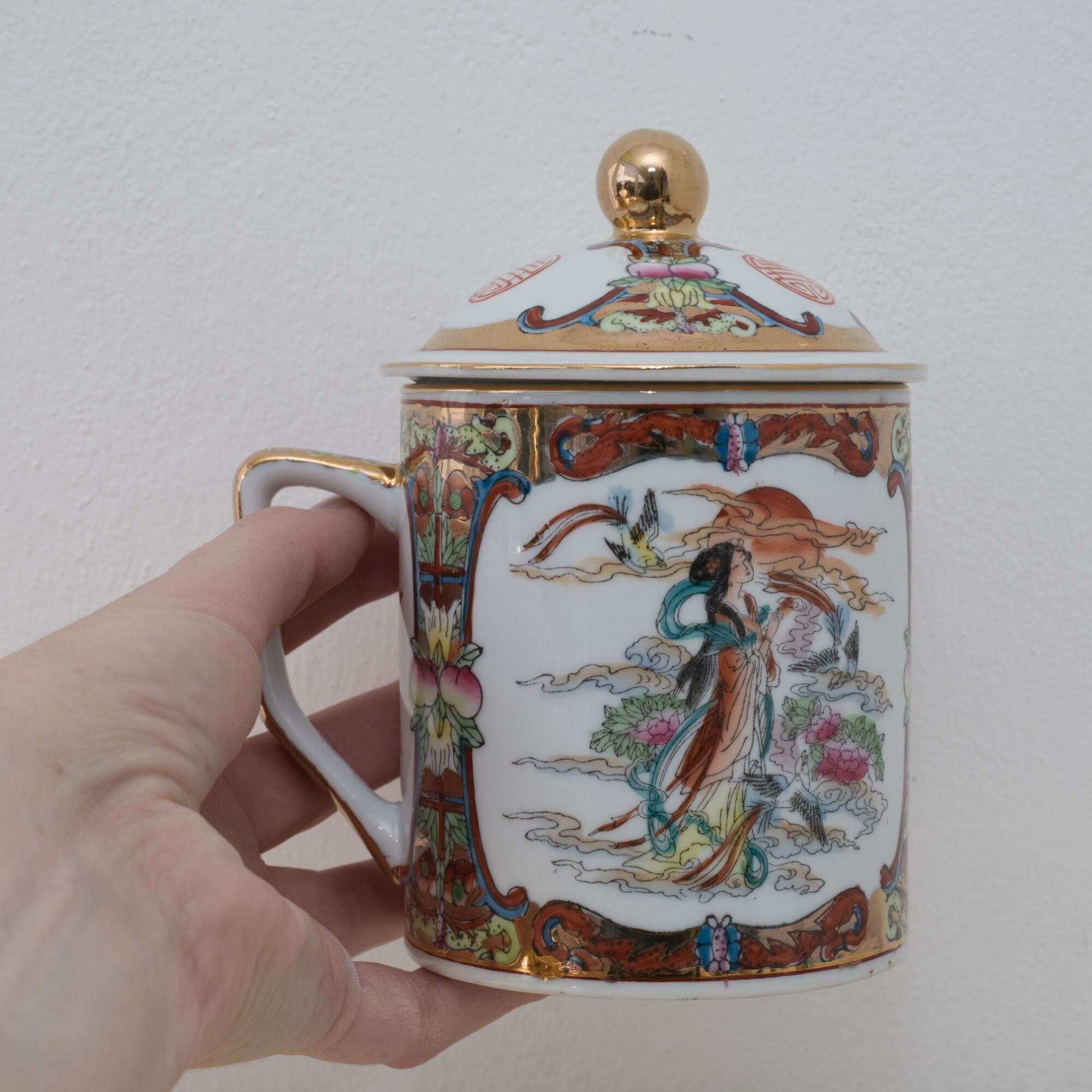 Chinese Tea Cup With Lid, Vintage Chinese Porcelain Tea Mug, Asian ...