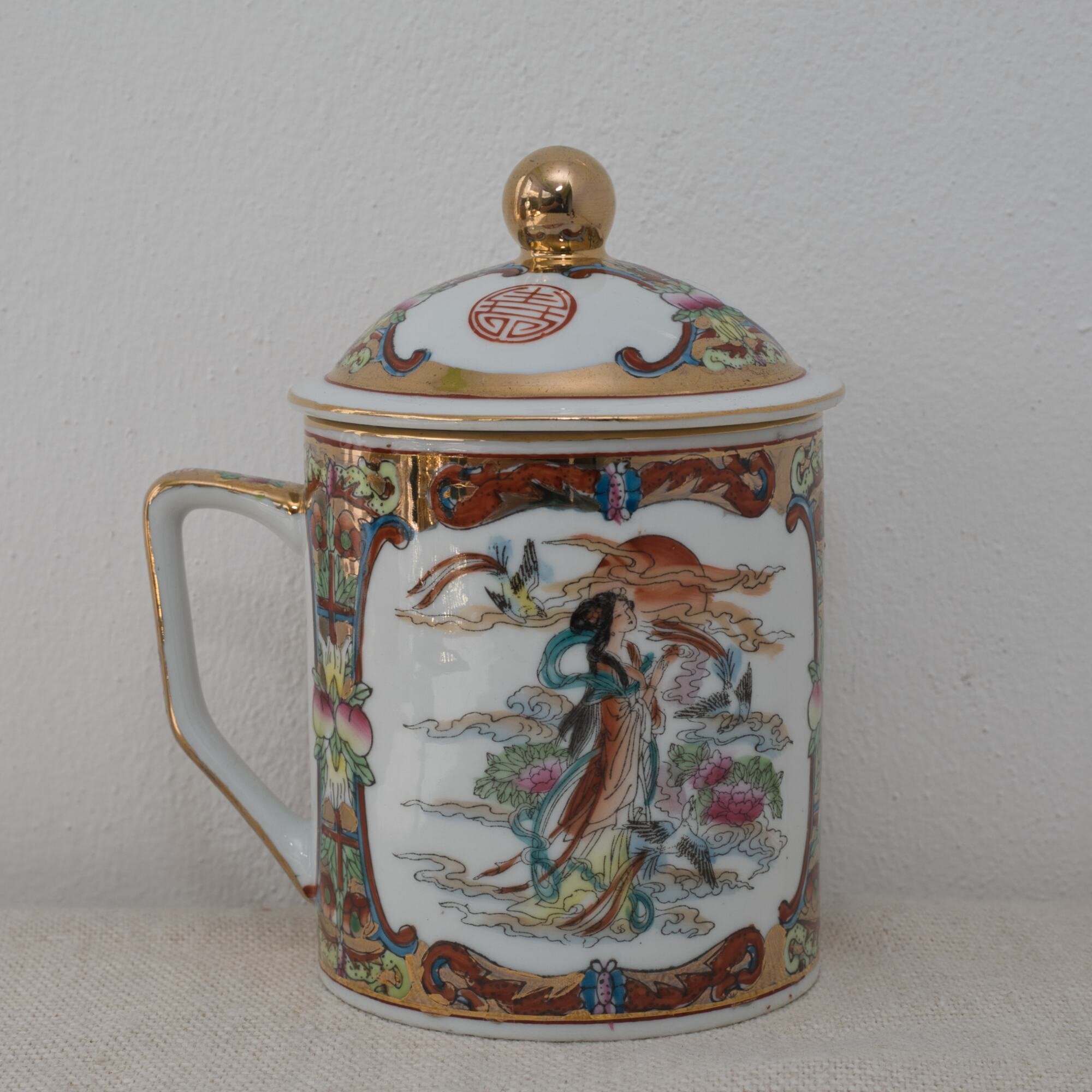 Chinese Tea Cup With Lid, Vintage Chinese Porcelain Tea Mug, Asian ...