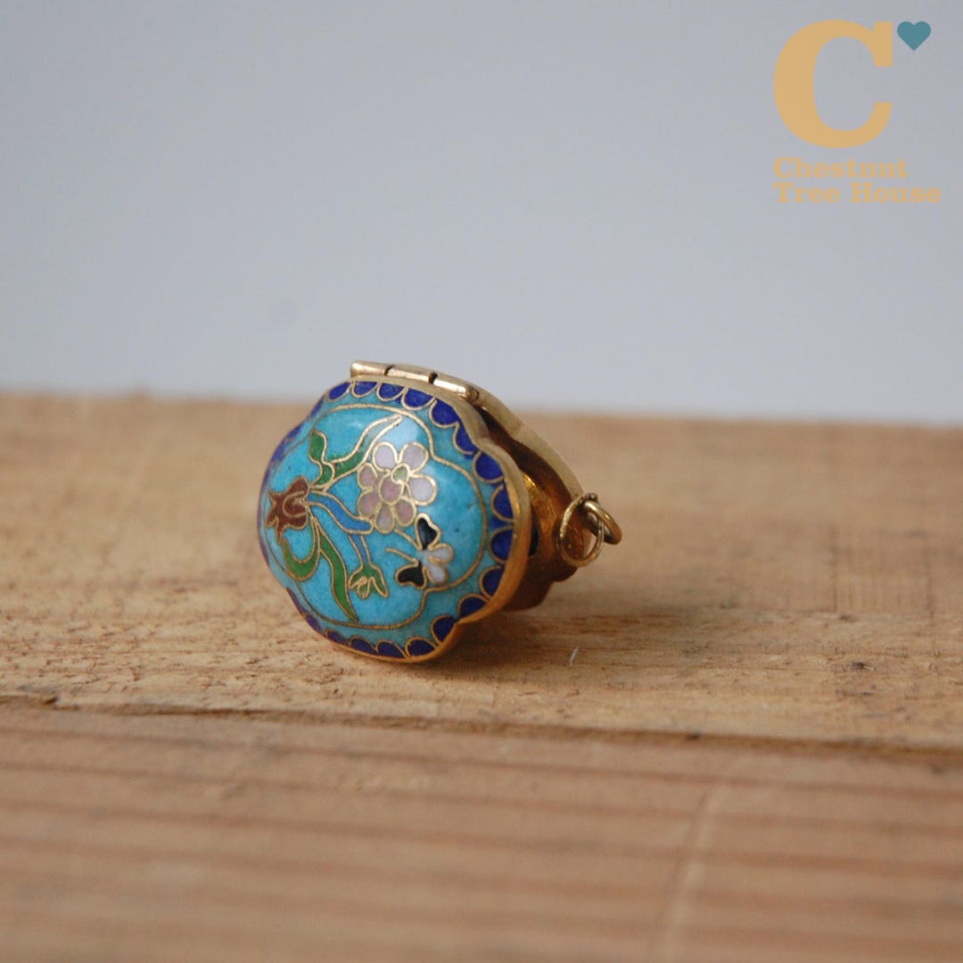 Vintage Chinese Oriental Enamel Locket 1980s Aqua Enamel With Cobalt ...