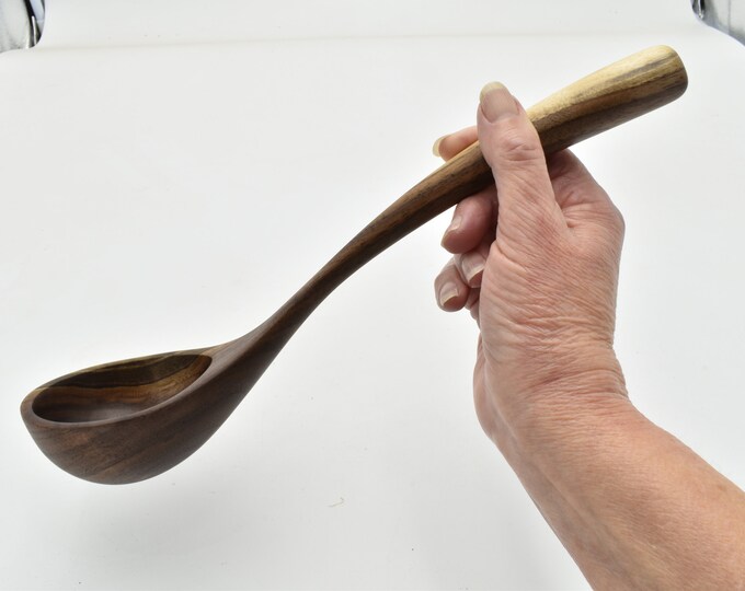 Hand Carved Wooden Serving Spoon, Beautiful Curvy Design and Warm Black ...